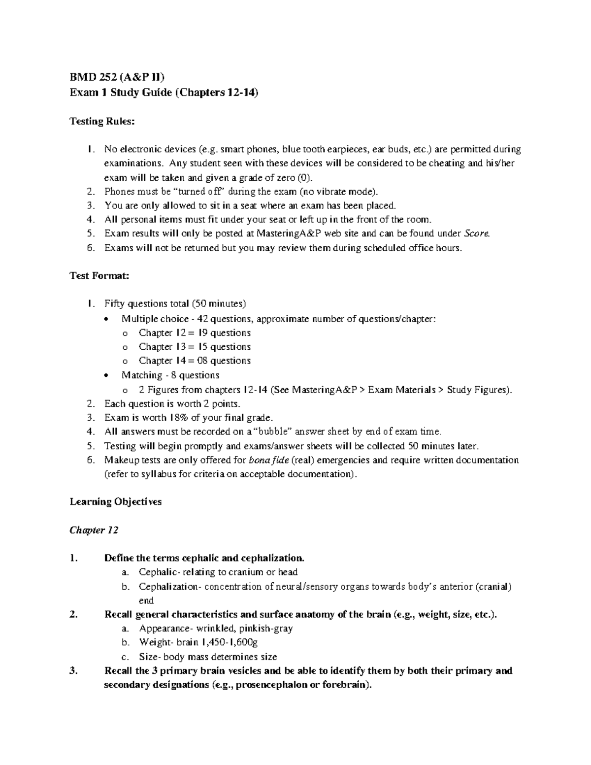 Study Guide - Exam 1 - exam 1 - BMD 252 (A&P II) Exam 1 Study Guide ...