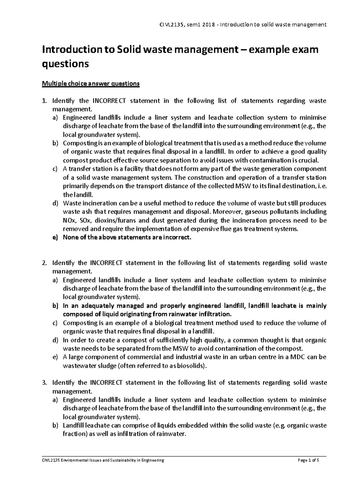 MCQ-week 9 - MCQ - CIVL2135, sem1 2018 - Introduction to solid waste ...