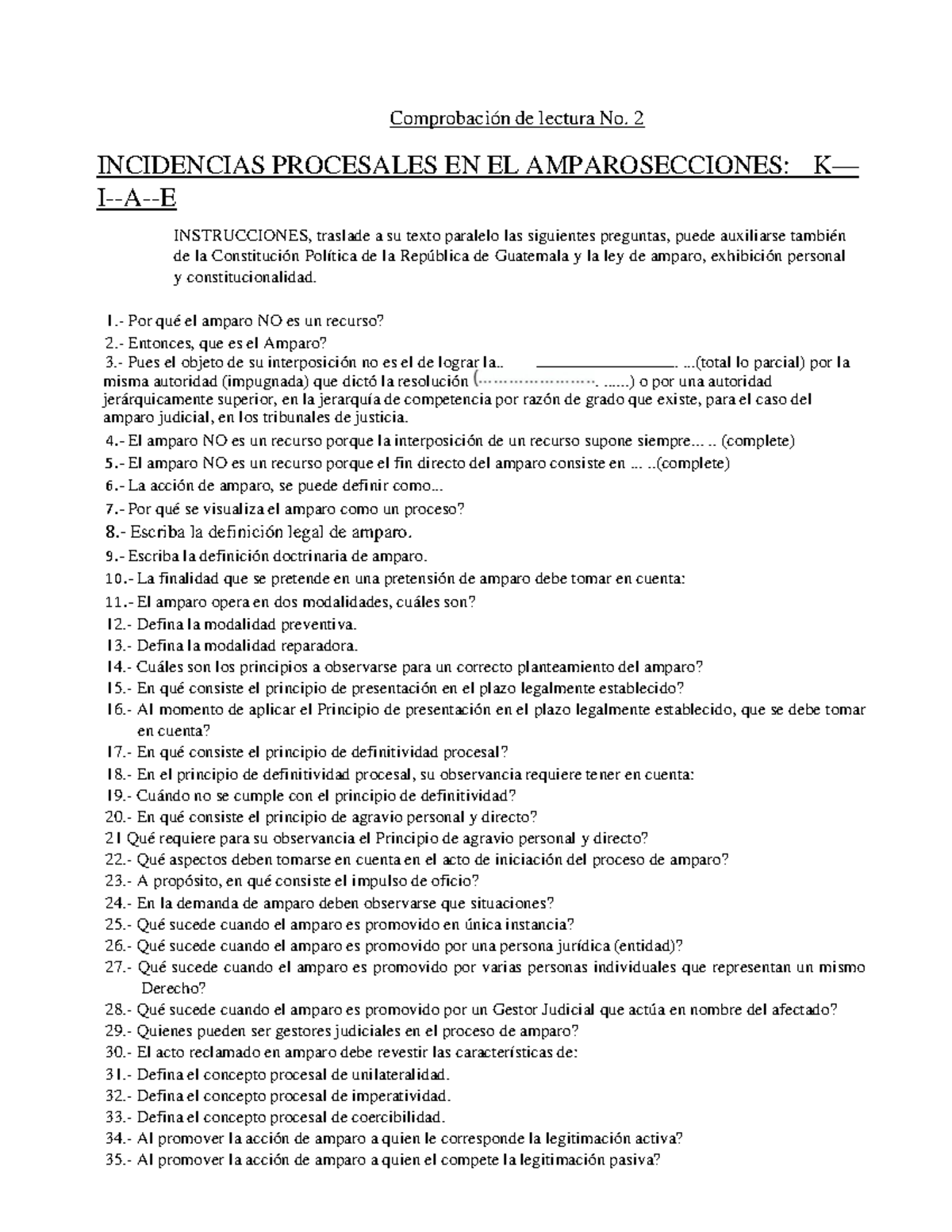 Comprobacion DE Lectura No 2 Incidencias Procesales EN EL Amparo ...