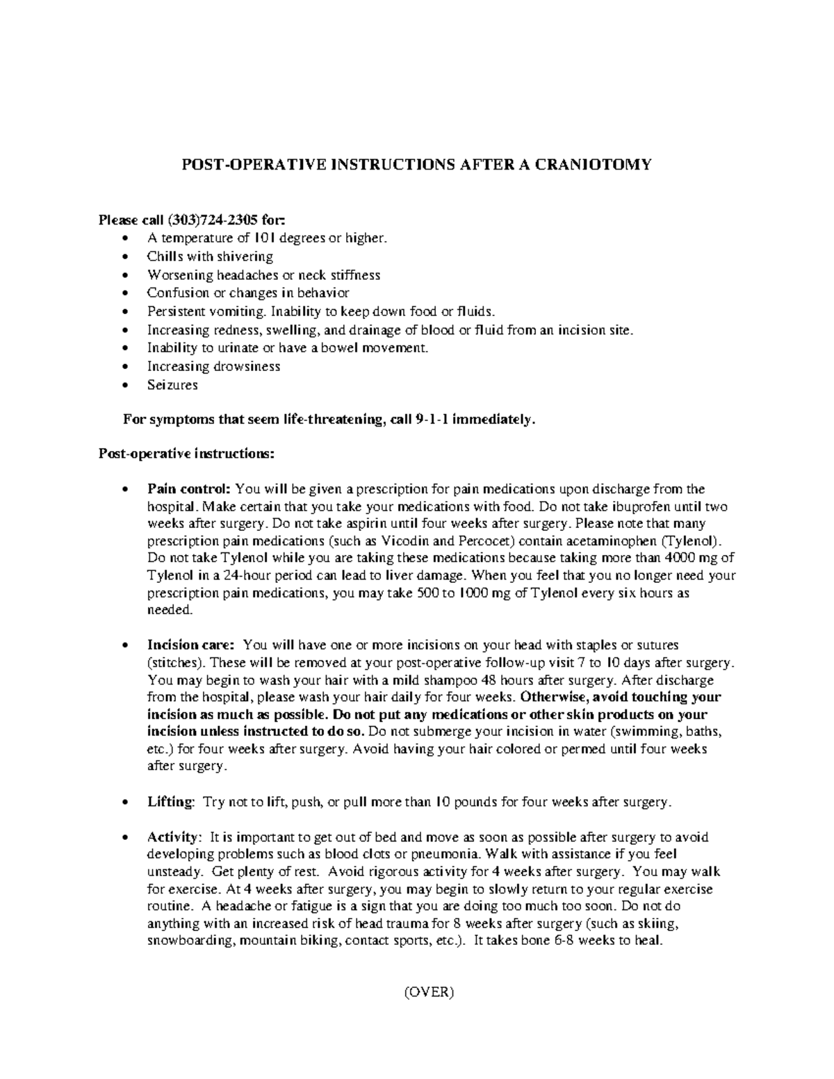 Post op instructions crani for braintumor - POST-OPERATIVE INSTRUCTIONS ...