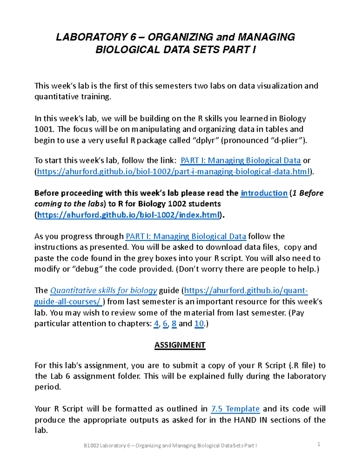 Laboratory 6 Organizing and Managing Bio Data Sets - B1002 Laboratory 6 ...
