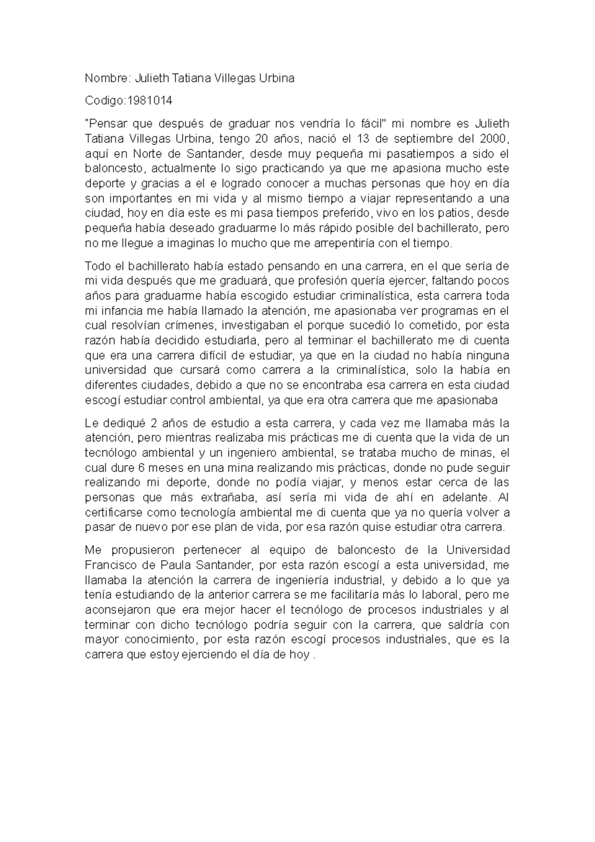 Discurso - .... - Nombre: Julieth Tatiana Villegas Urbina Codigo ...