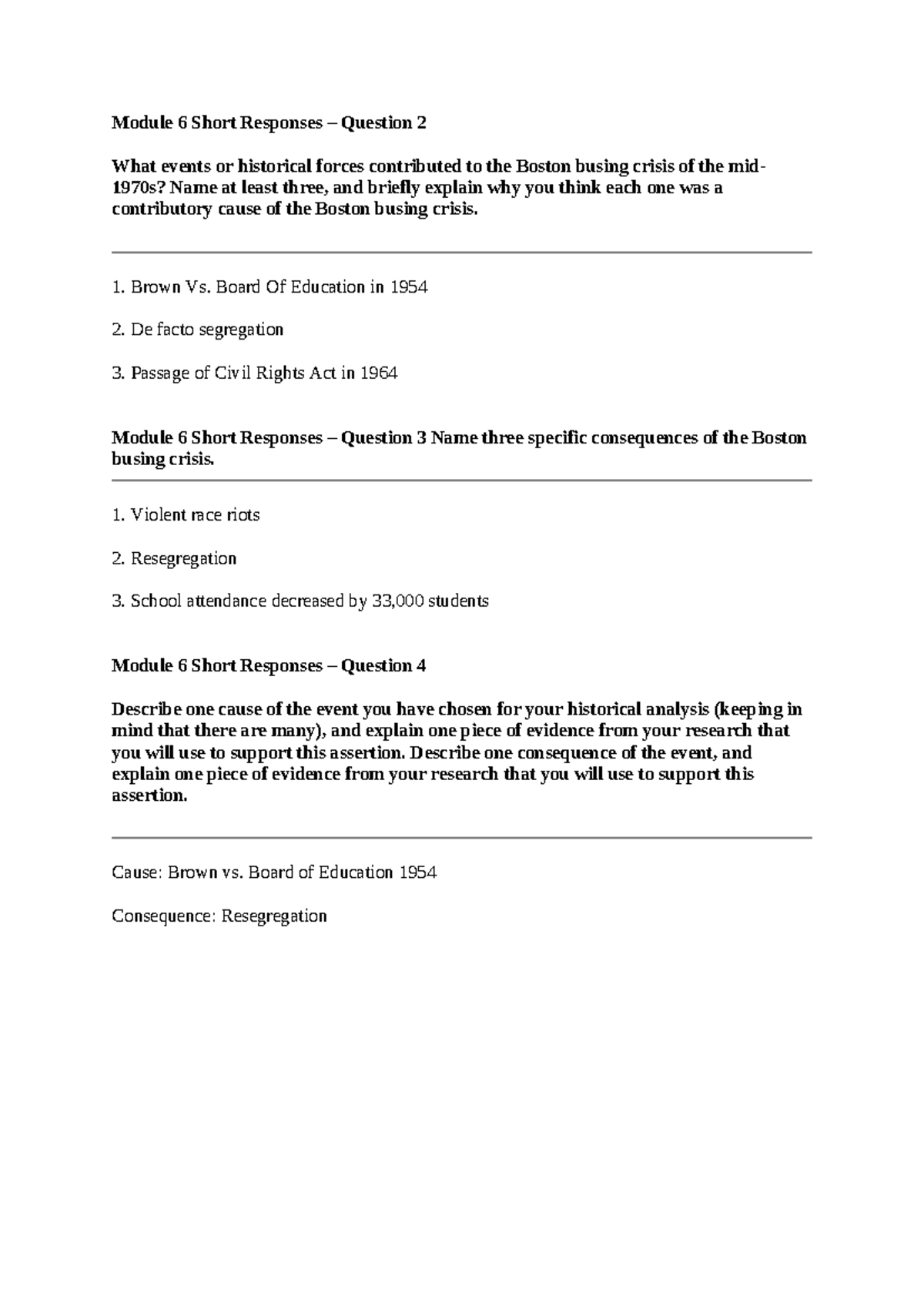 Module Six Short Responses - Brown Vs. Board Of Education in 1954 De ...