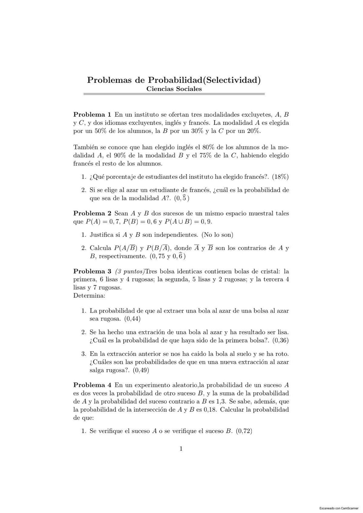 Probabilidad Select - ejer - Problemas de Probabilidad(Selectividad Ciencias Sociales Problema 1 ...