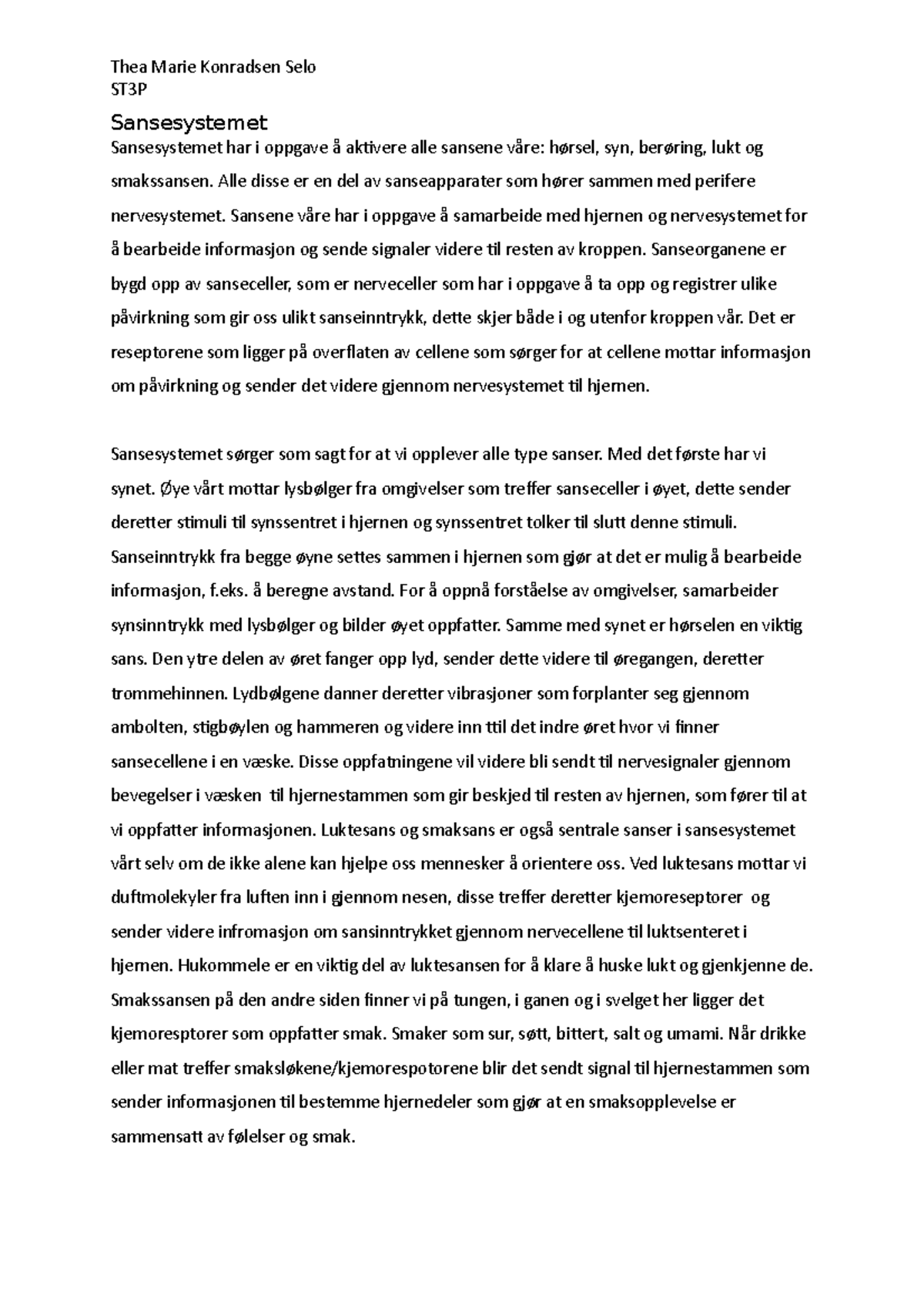 Sansesystemet - sammendrag - Thea Marie Konradsen Selo ST3P ...