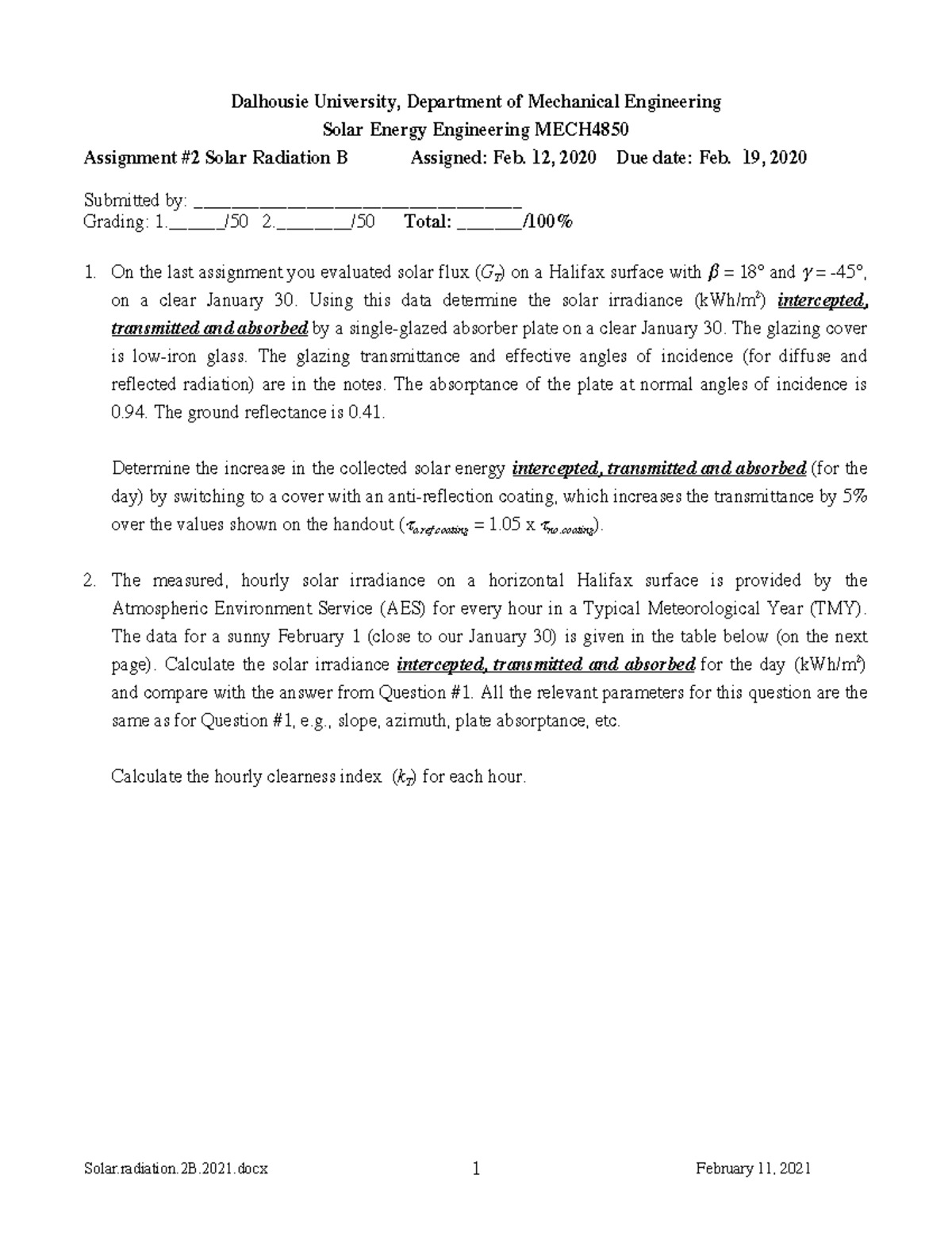 Solar Assignment 2B - Solar.radiation.2B.2021 1 February 11, 2021 ...
