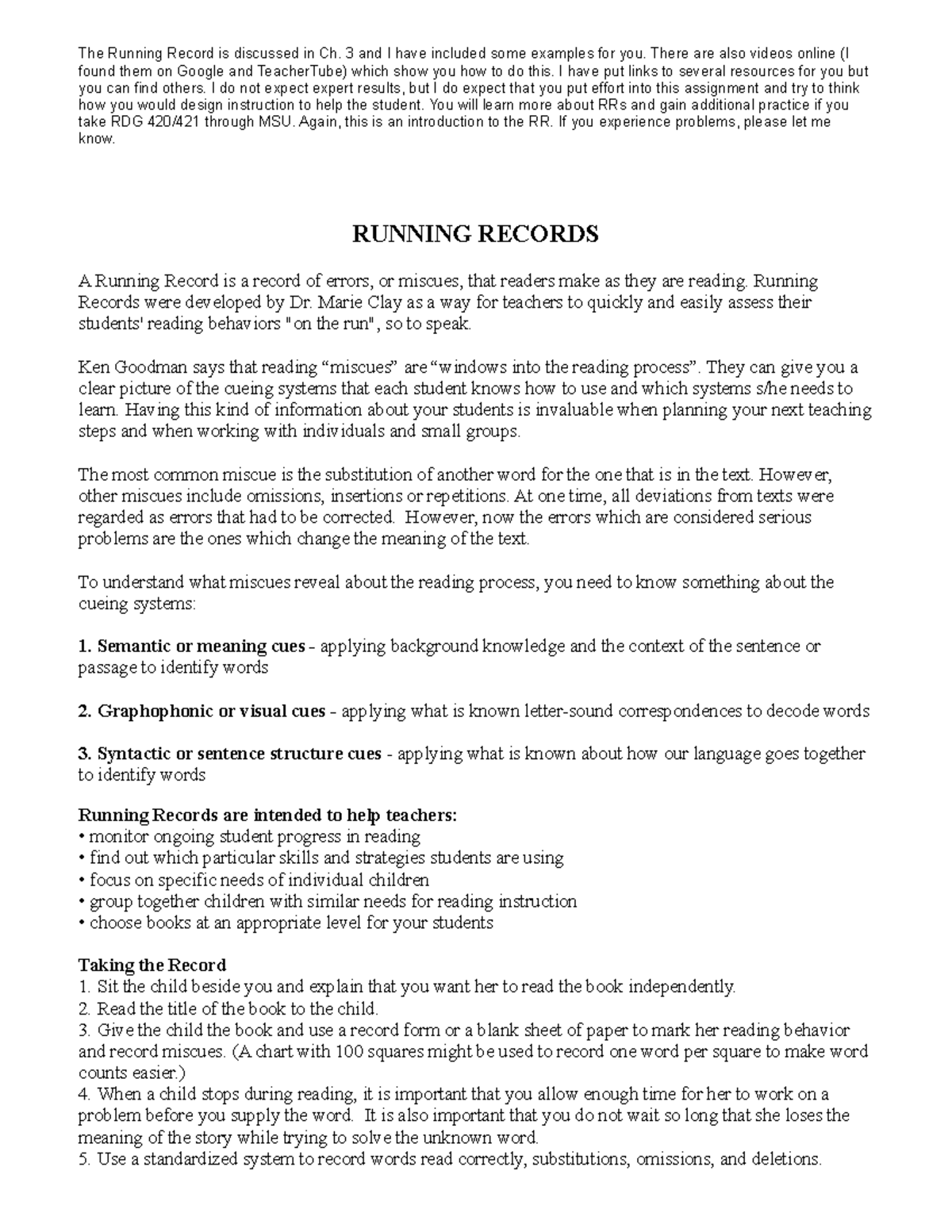 Directions Running Record - The Running Record is discussed in Ch. 3 ...