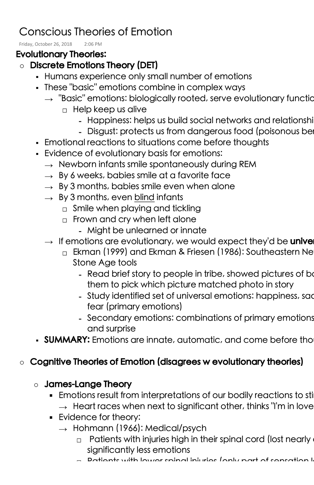Conscious Theories of Emotion - Evolutionary Theories: Discrete ...