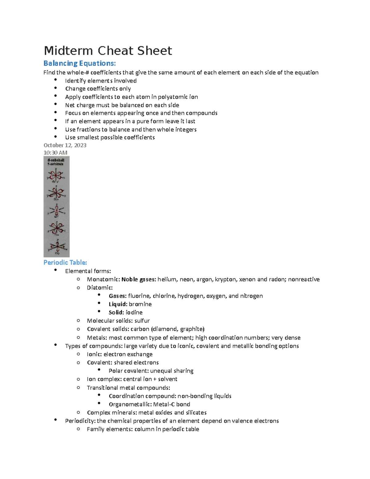 Midterm Cheat Sheet - Midterm Cheat Sheet Balancing Equations: Find the whole-# coefficients ...