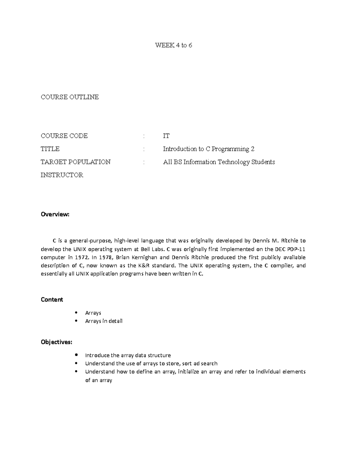 8611 File Array - coding in c++ - WEEK 4 to 6 COURSE OUTLINE COURSE ...