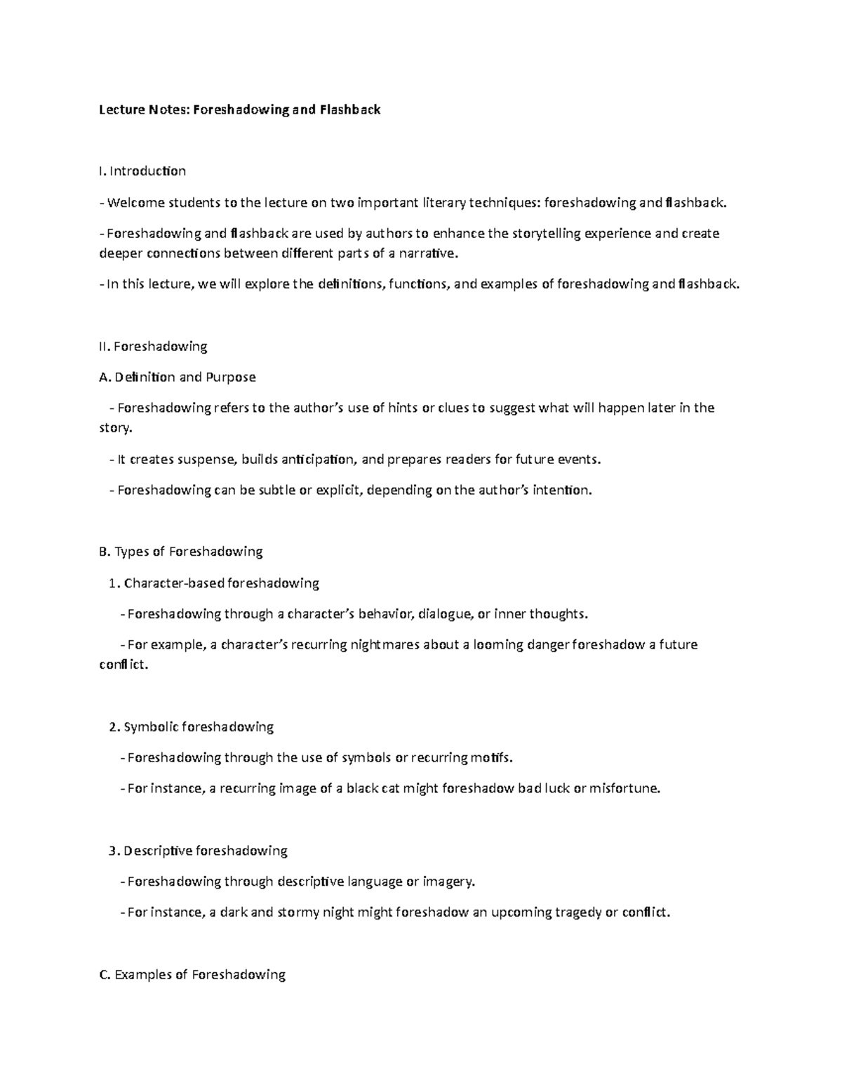 Lecture Notes: Foreshadowing and Flashback - Introduction Welcome ...