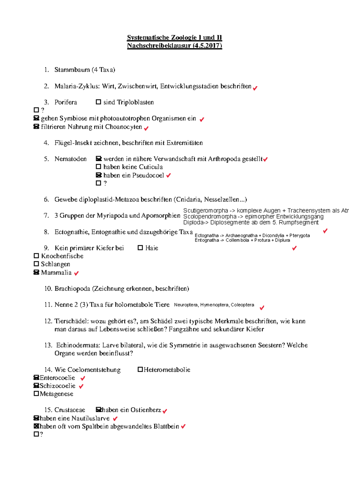 Sys Zoo Klausur 2017-05-04-mit-Lösungen - Systematische Zoologie I und II Nachschreibeklausur (4 ...