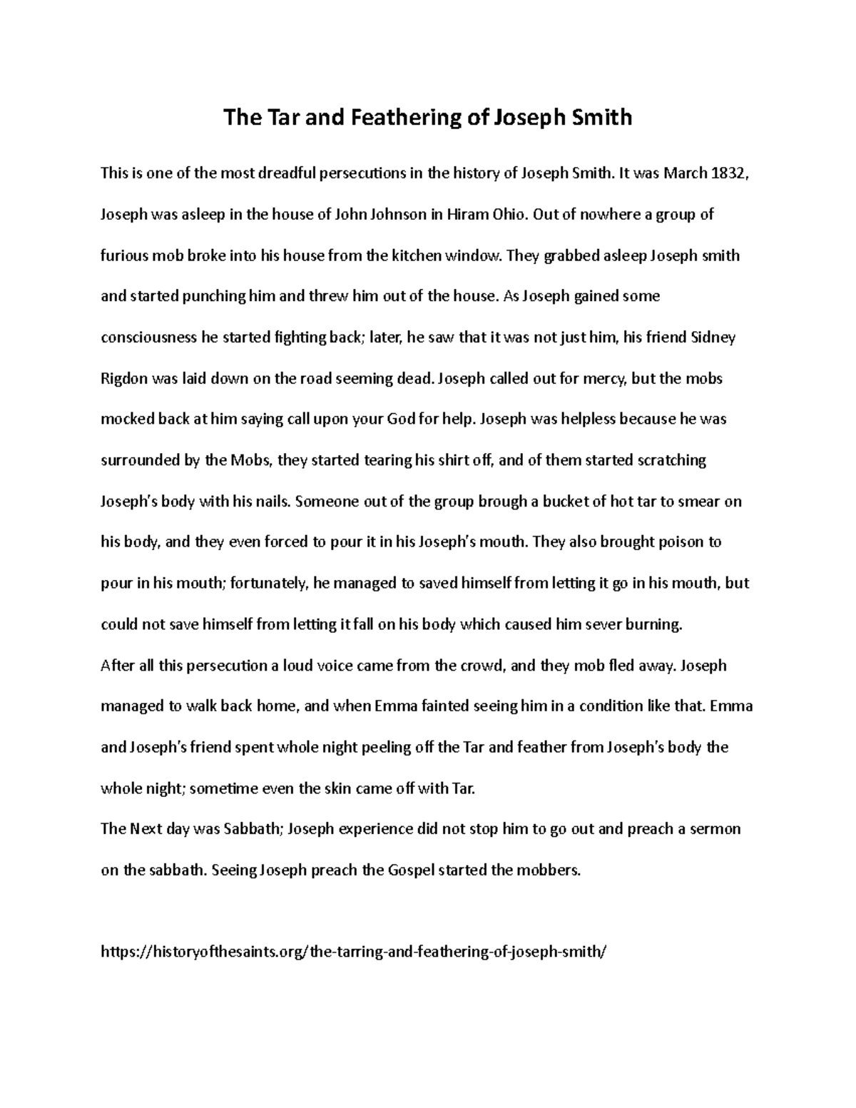 The Tar and Feathering of Joseph Smith-2 - It was March 1832, Joseph was asleep in the house of ...