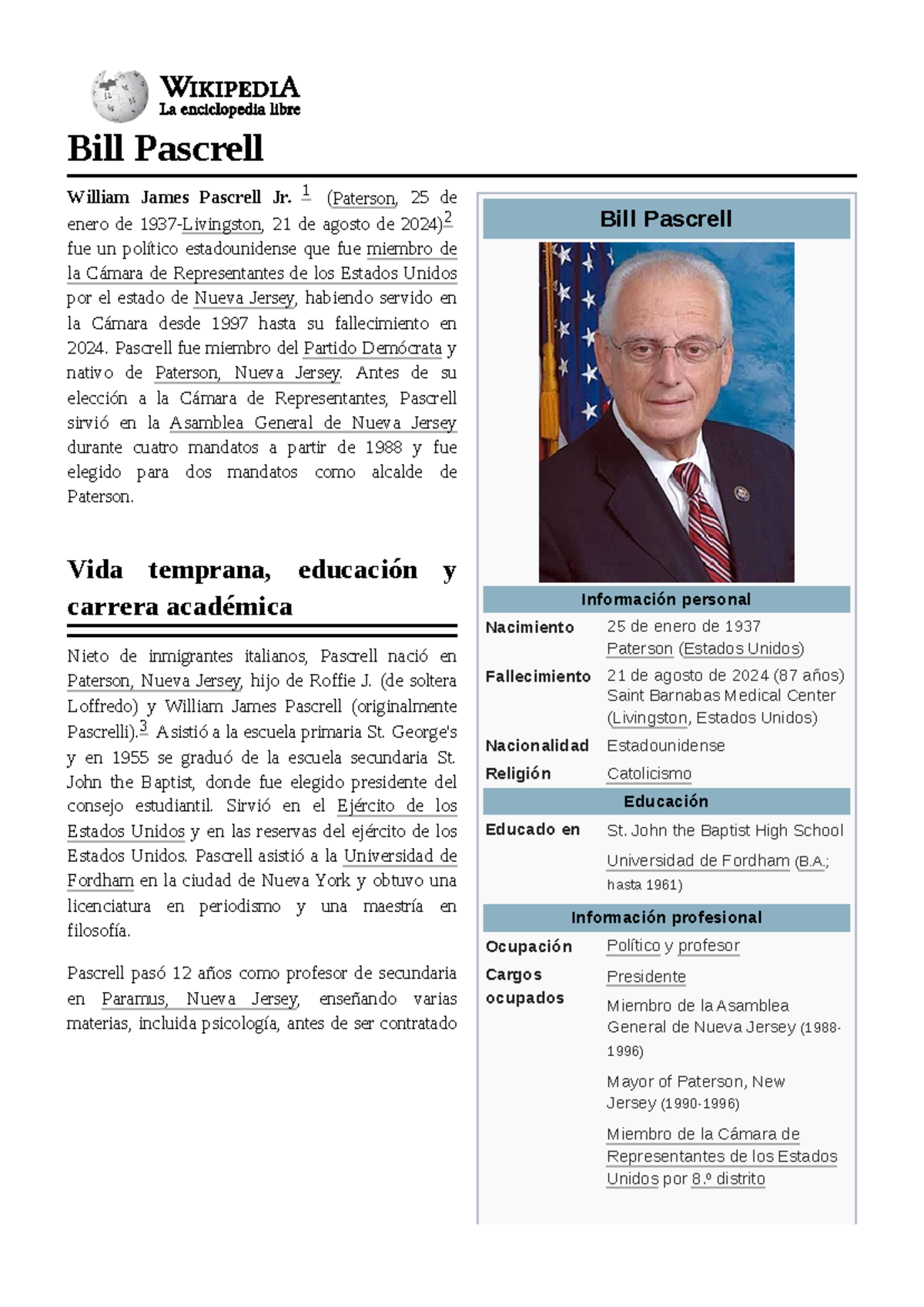 Bill Pascrell - OTROS - Bill Pascrell Información personal Nacimiento ...
