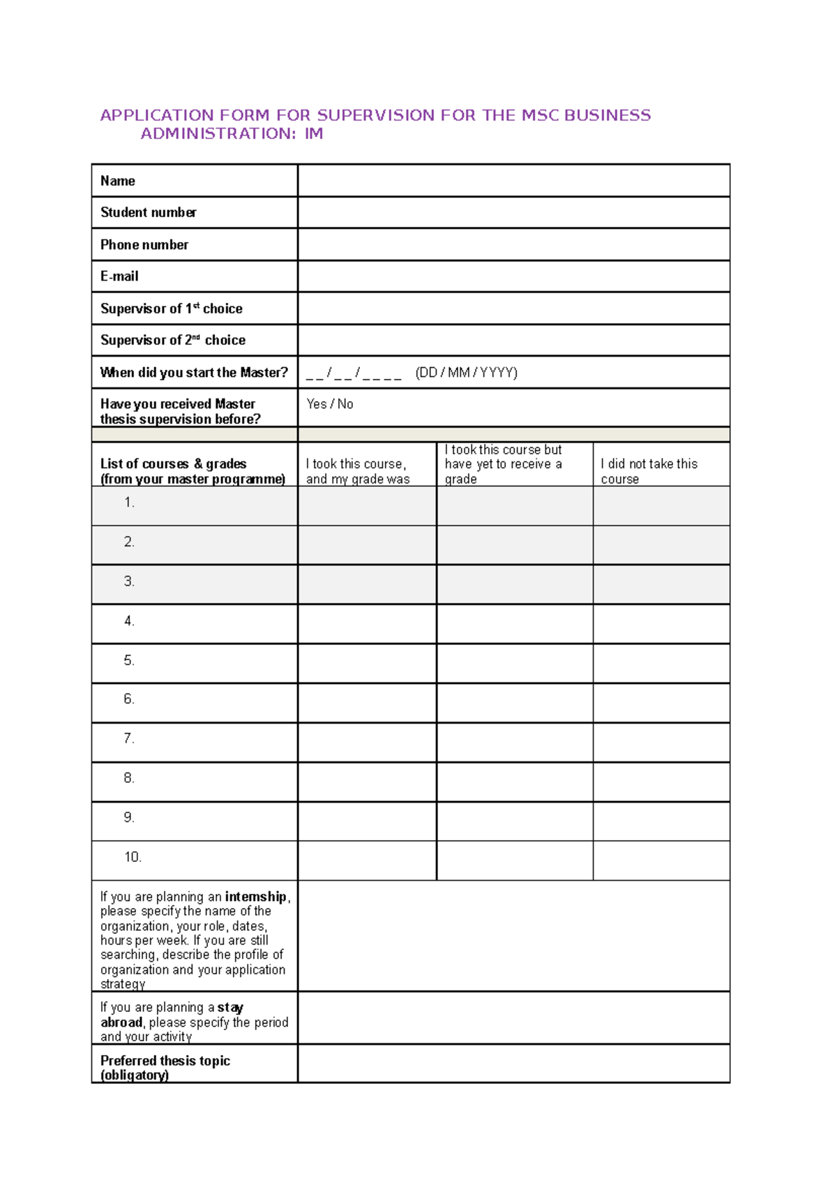 Application form thesis supervision - APPLICATION FORM FOR SUPERVISION ...