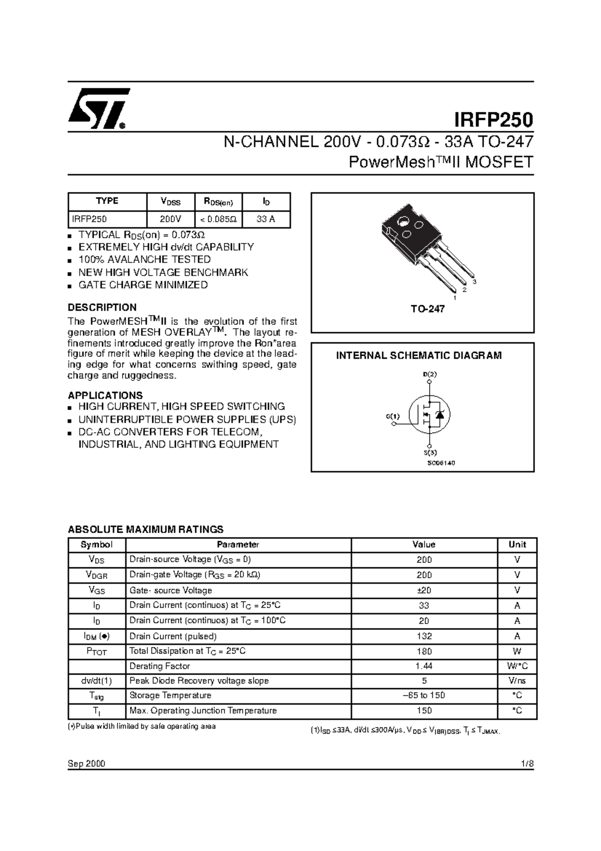 IRFP250 - datasheet - ####### Sep 2000 1/ N-CHANNEL 200V - 0Ω - 33A TO ...