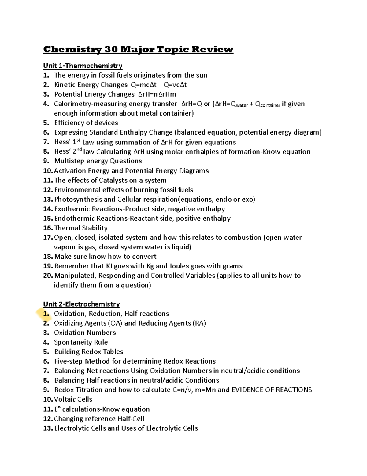 Chemistry 30 Major Topic Review - Chemistry 30 Major Topic Review Unit ...
