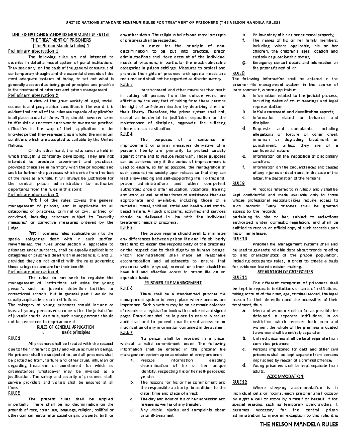 THE Mandela Rules - UNITED NATIONS STANDARD MINIMUM RULES FOR THE ...