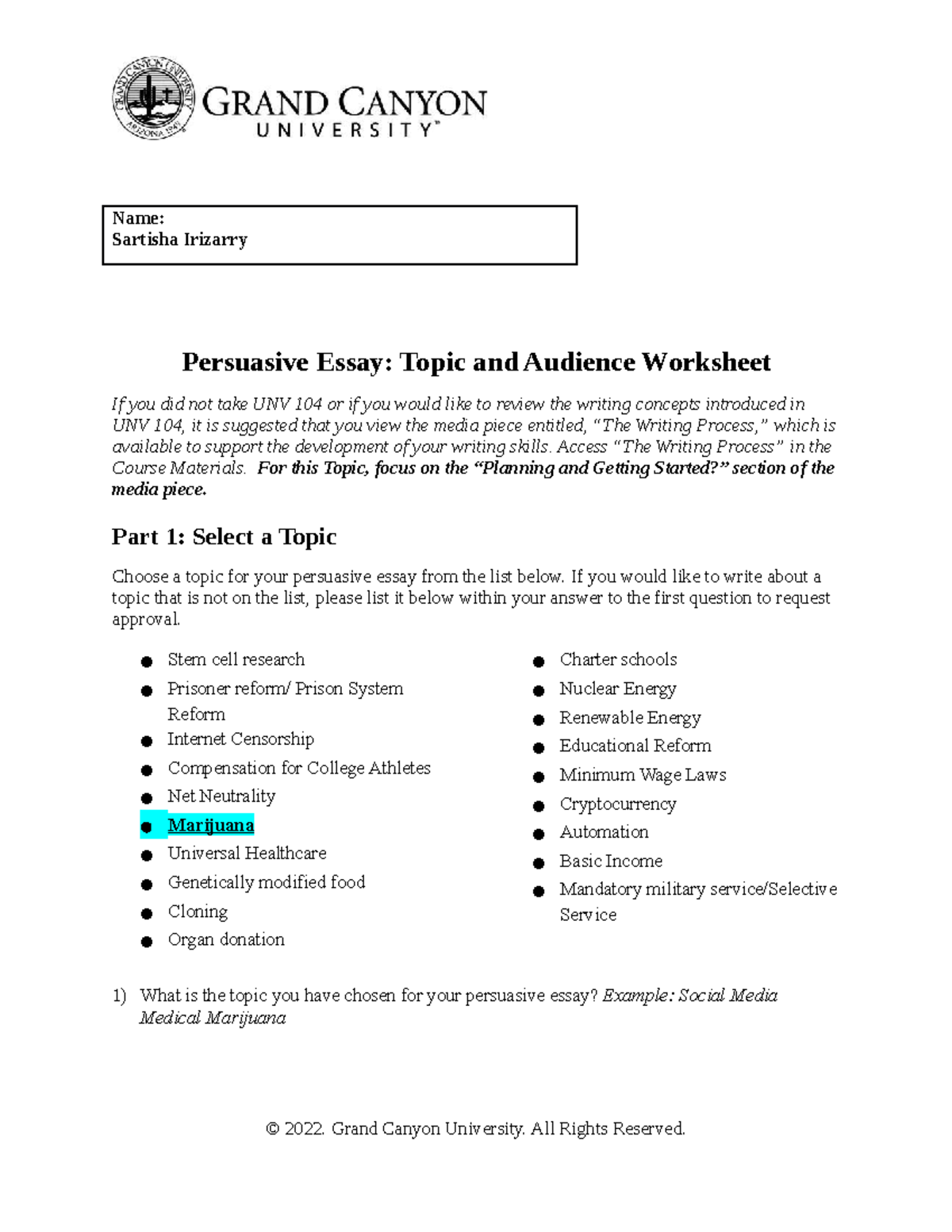 Completed T1 Topicand Audience Worksheet PHI105 Persuasive Essay ...