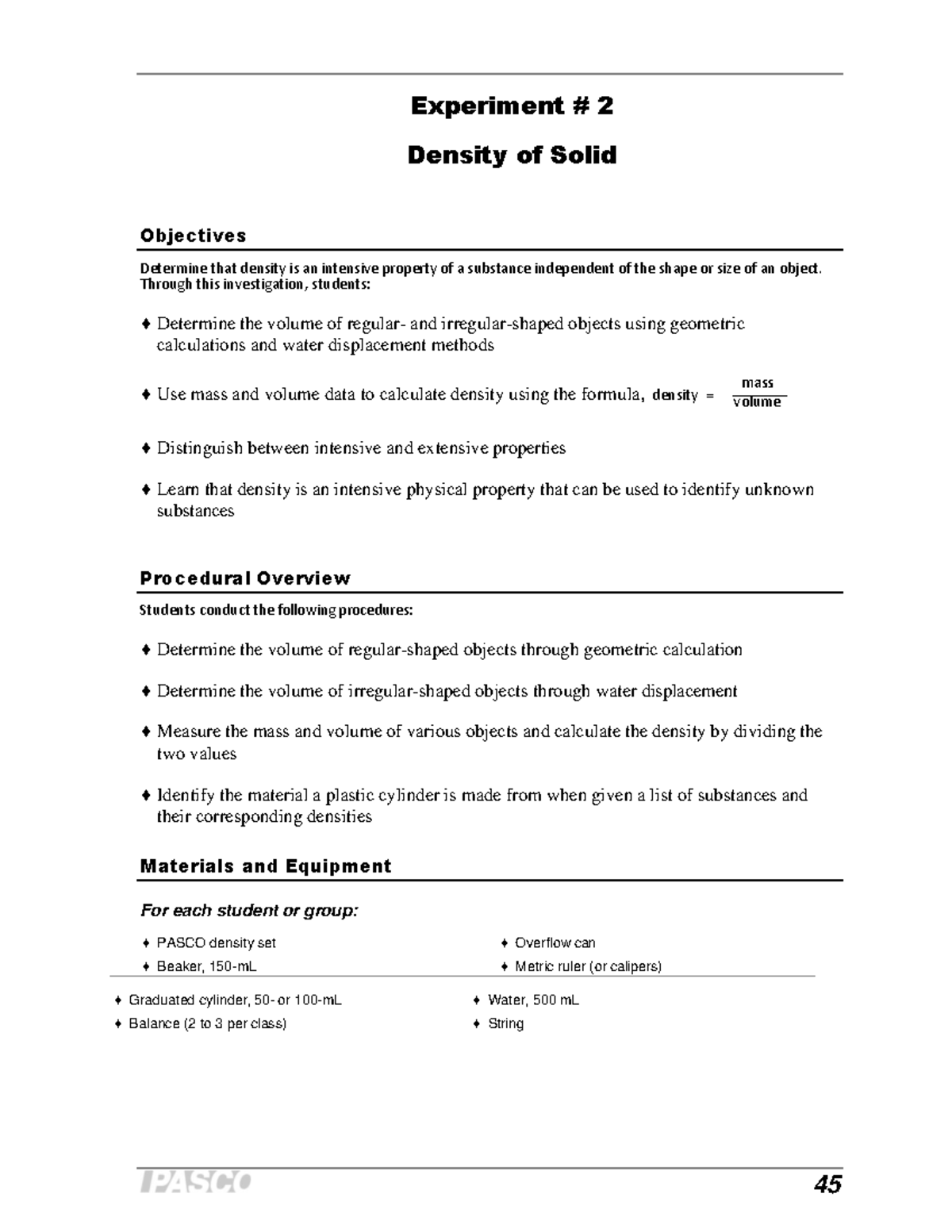 Density-OF- Solid - 45 Experiment # 2 Density of Solid Objectives ...