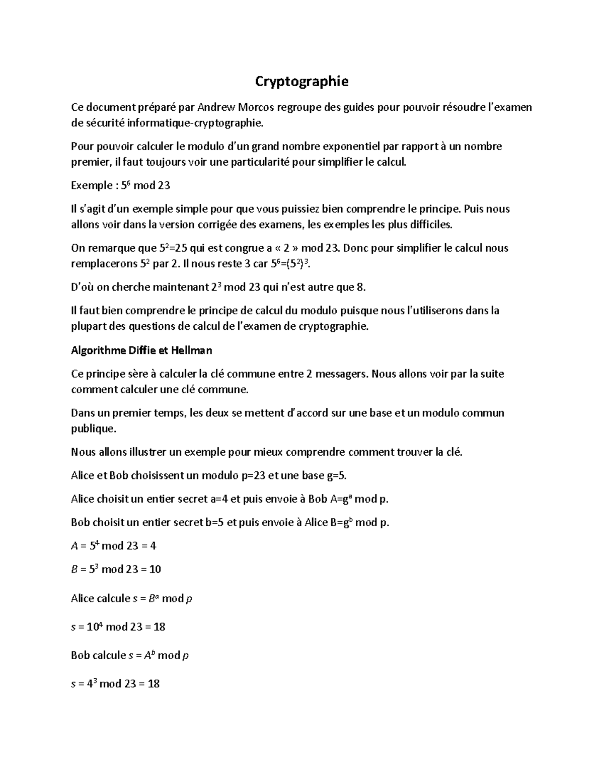Cryptographie - Résumé et explication de la manière de faire les calculs pour répondre à l ...