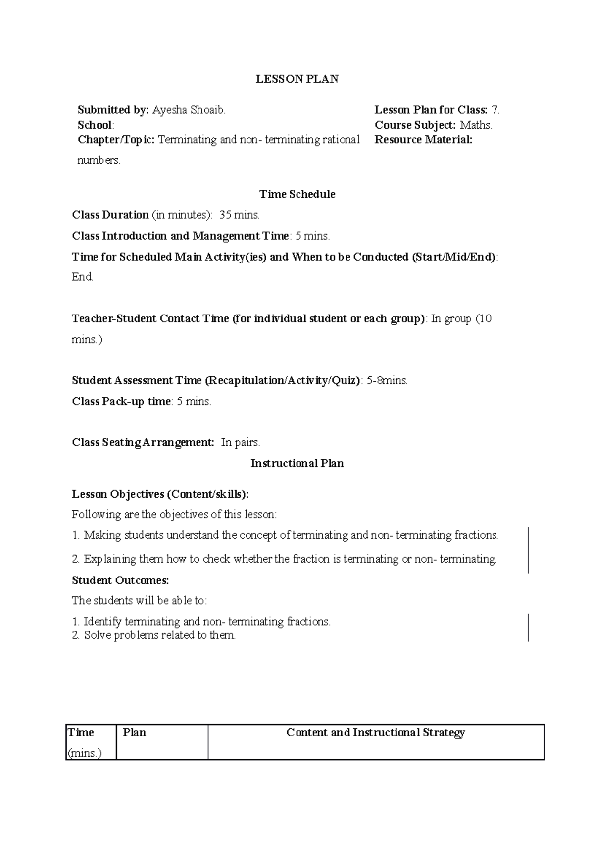 Lesson PLAN 10 LESSON PLAN Submitted By Ayesha Shoaib Lesson Plan