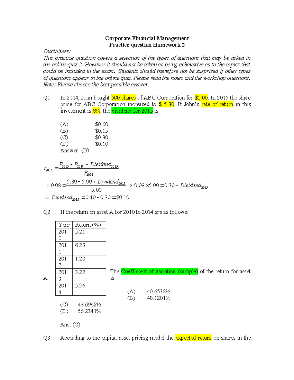 Quiz 2-Practice Questions - Corporate Financial Management Practice ...