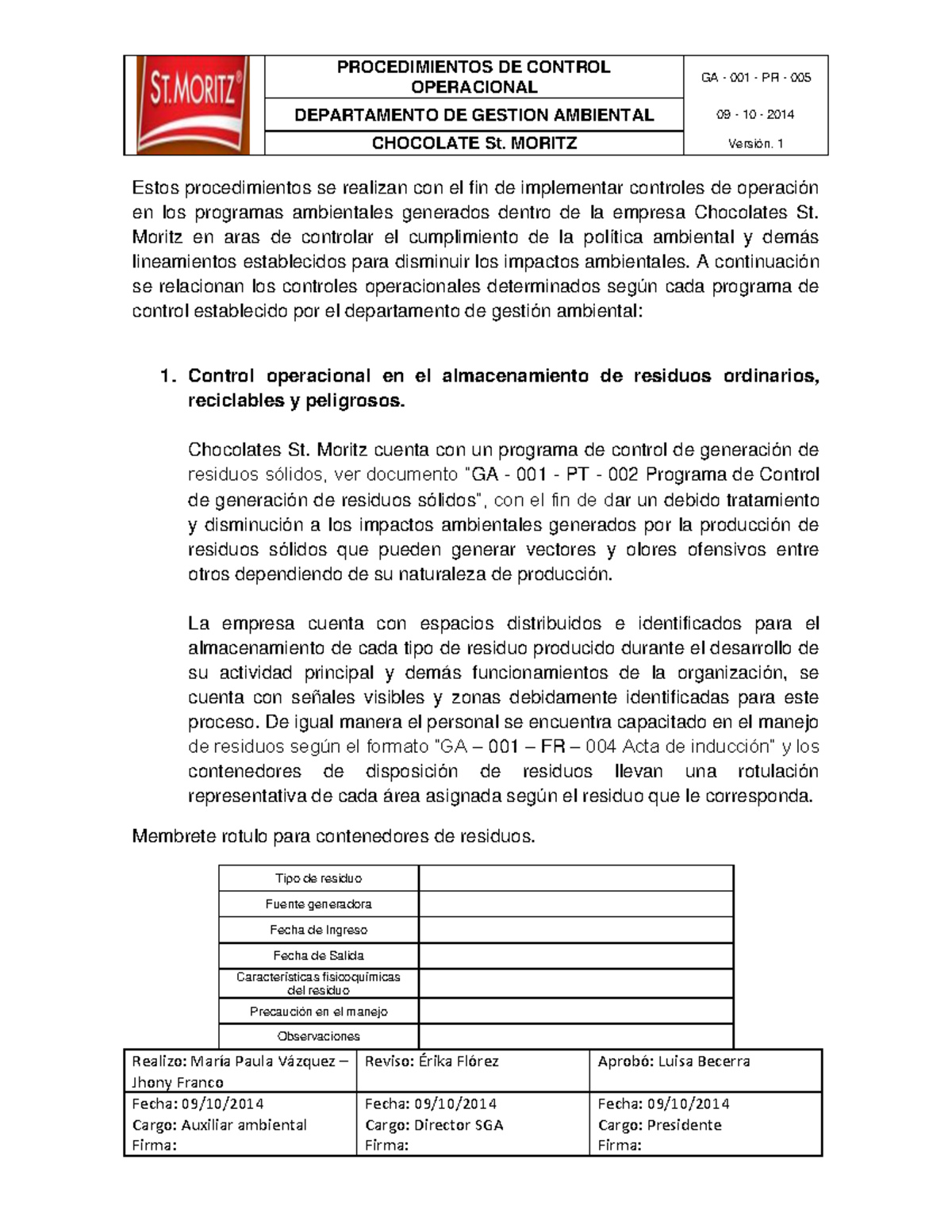 GA - 001 - PR - 005 Procedimiento de control operacional - OPERACIONAL ...