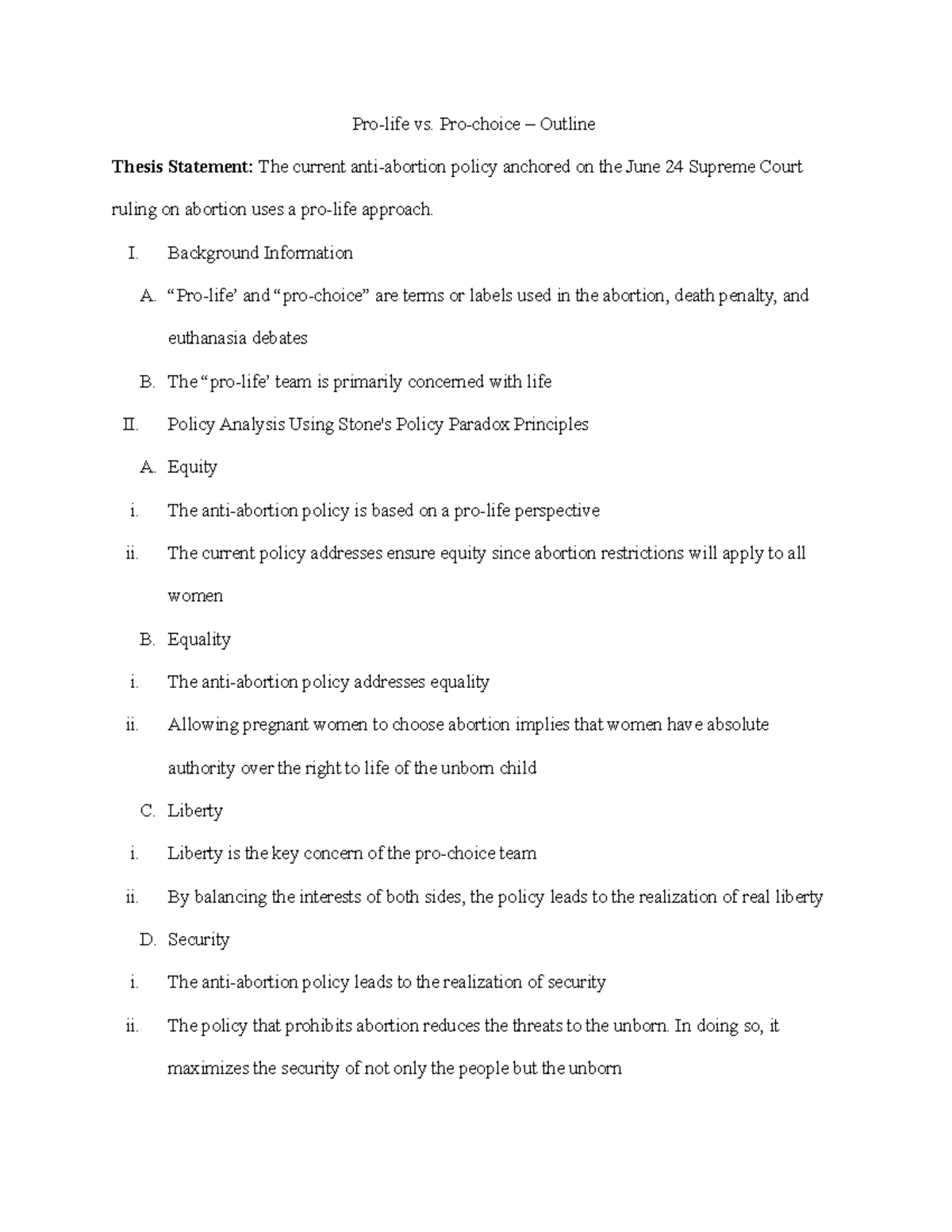 Policy II Policy Argument Paper outline - Pro-life vs. Pro-choice ...