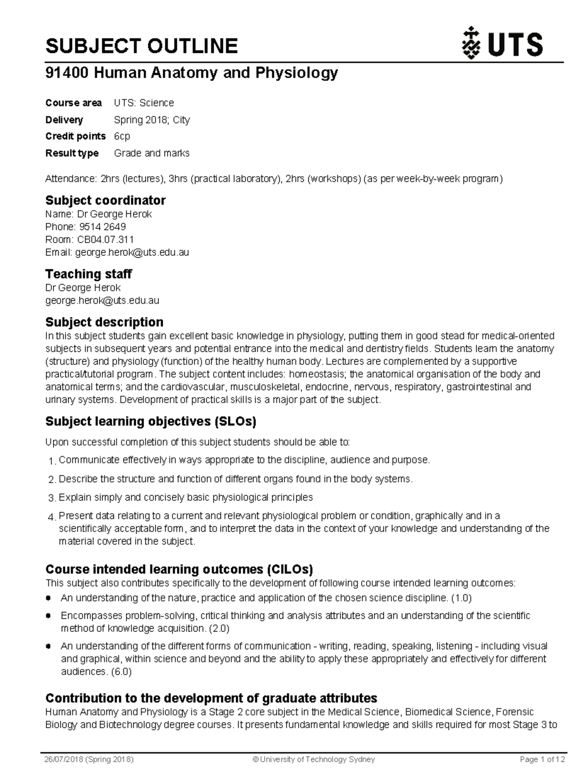 human anatomy subject outline - SUBJECT OUTLINE 91400 Human Anatomy and ...