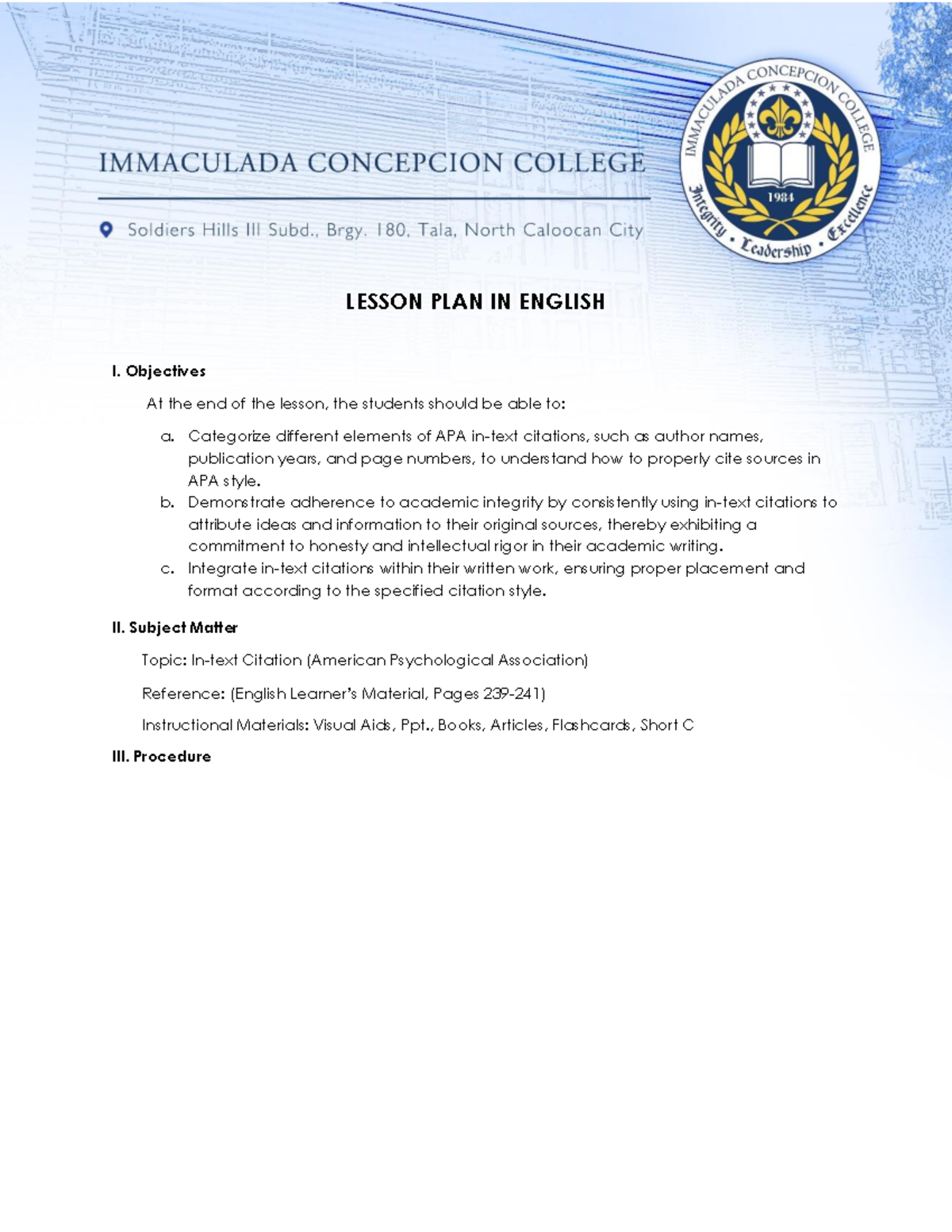 Lesson Plann - eee - LESSON PLAN IN ENGLISH I. Objectives At the end of ...