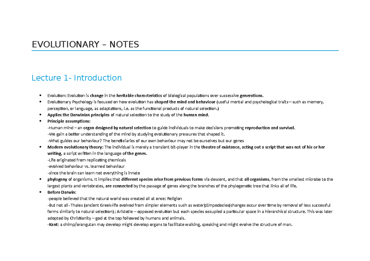 Evolutionary Notes-exam up - EVOLUTIONARY – NOTES Lecture 1 ...