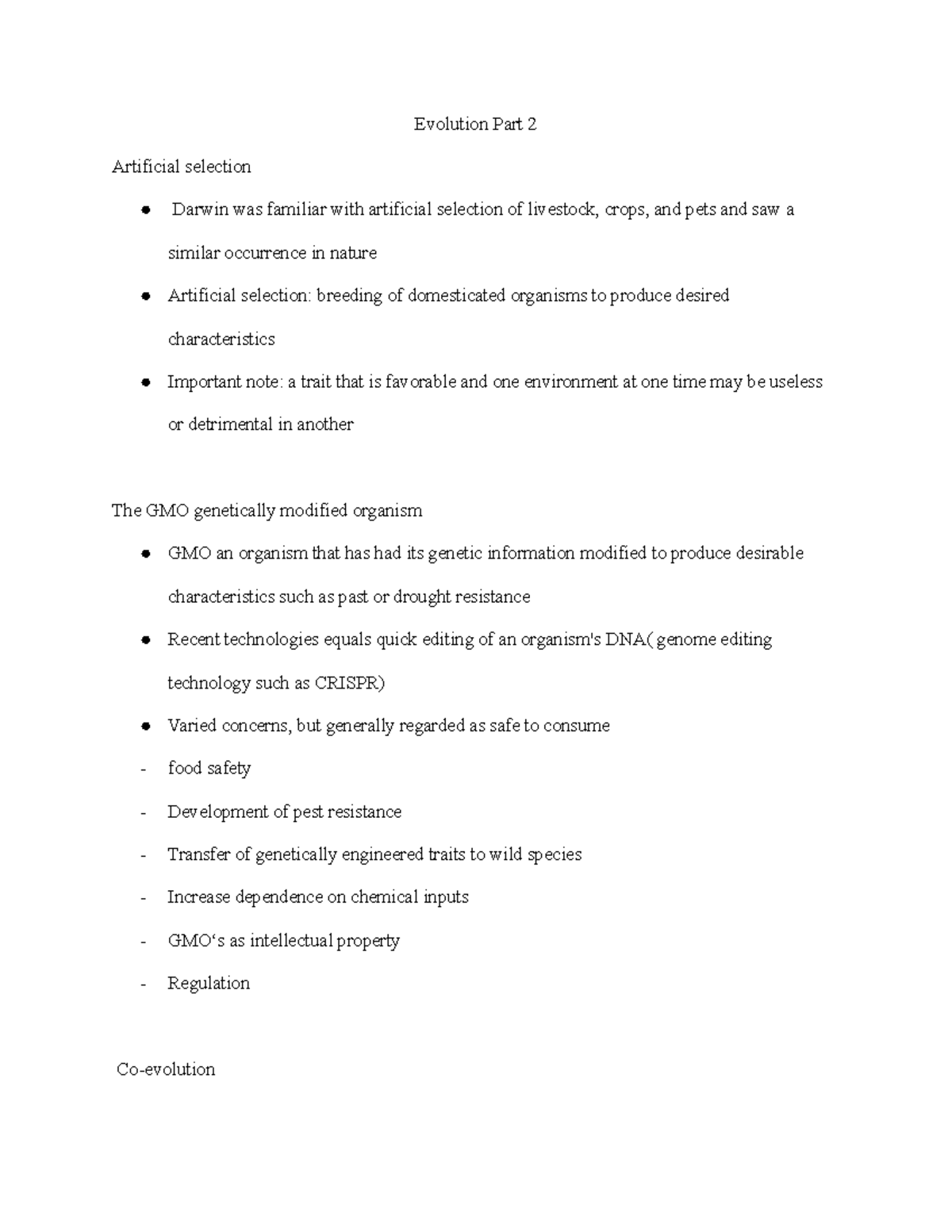 Untitled document - These notes talk about artificial selection, GMO ...