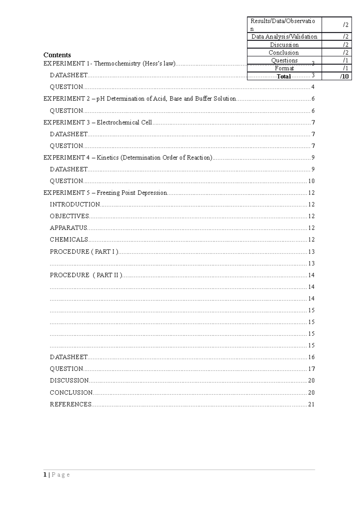 LAB Report CHEM - Contents Data Analysis/Validation ...