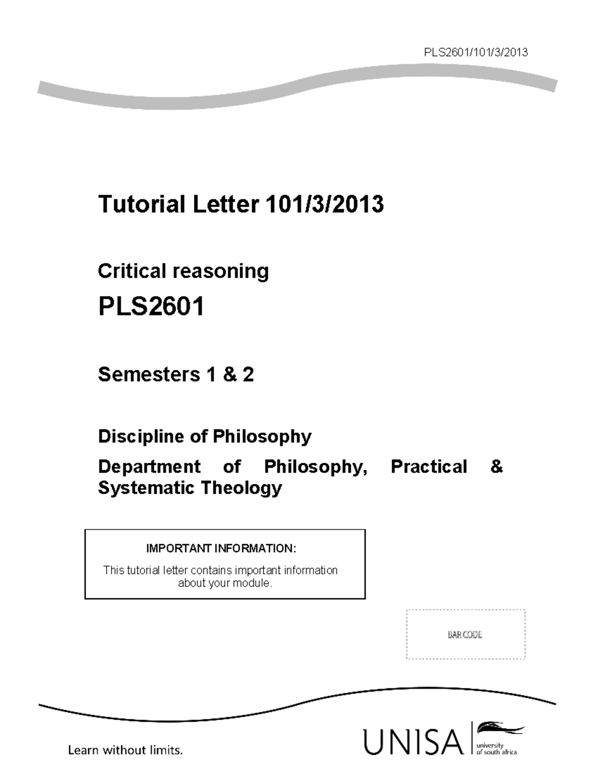 101 2013 3 b - First tutorial letter of 2013. - PLS2601/101/3/ Tutorial ...