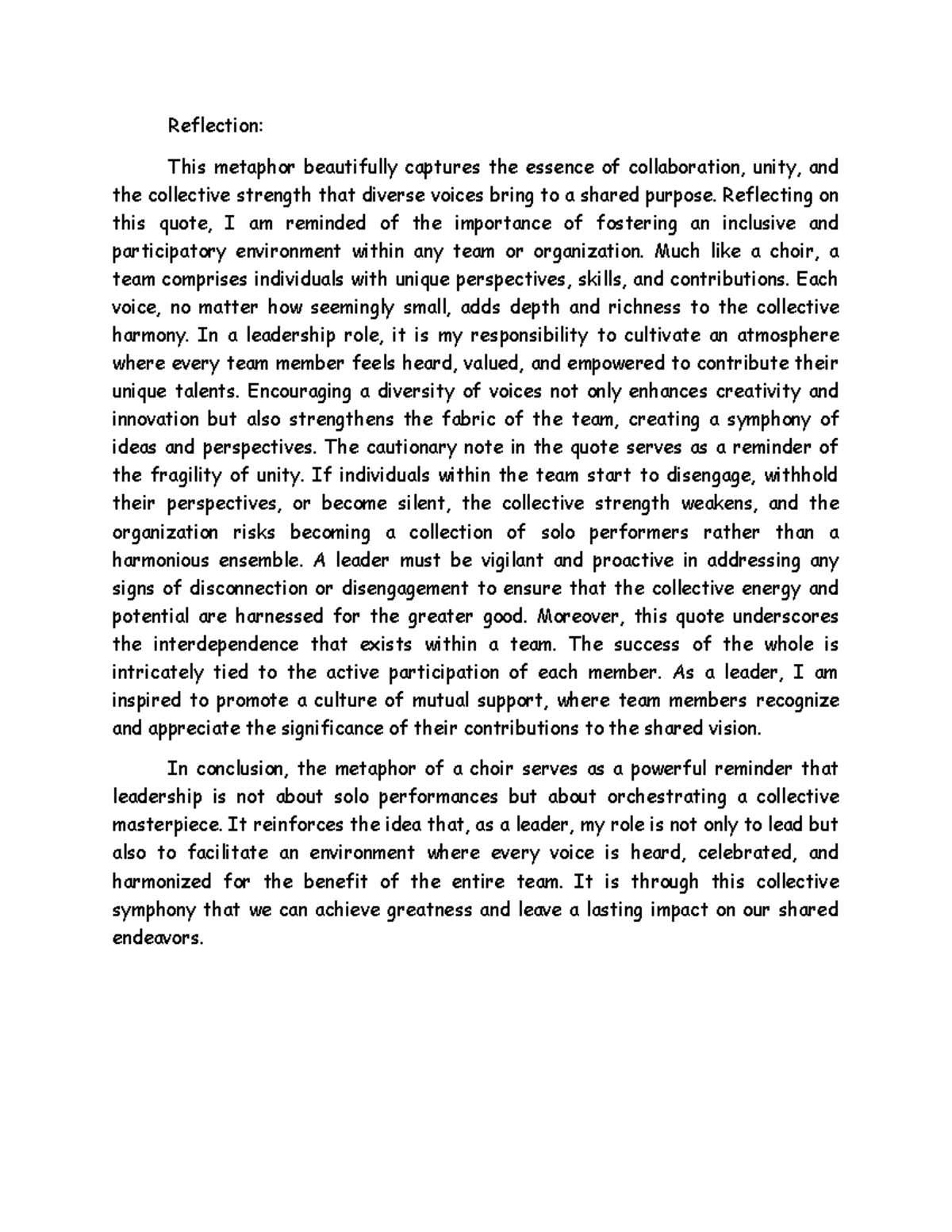 Collaboration reflection - Reflection: This metaphor beautifully ...