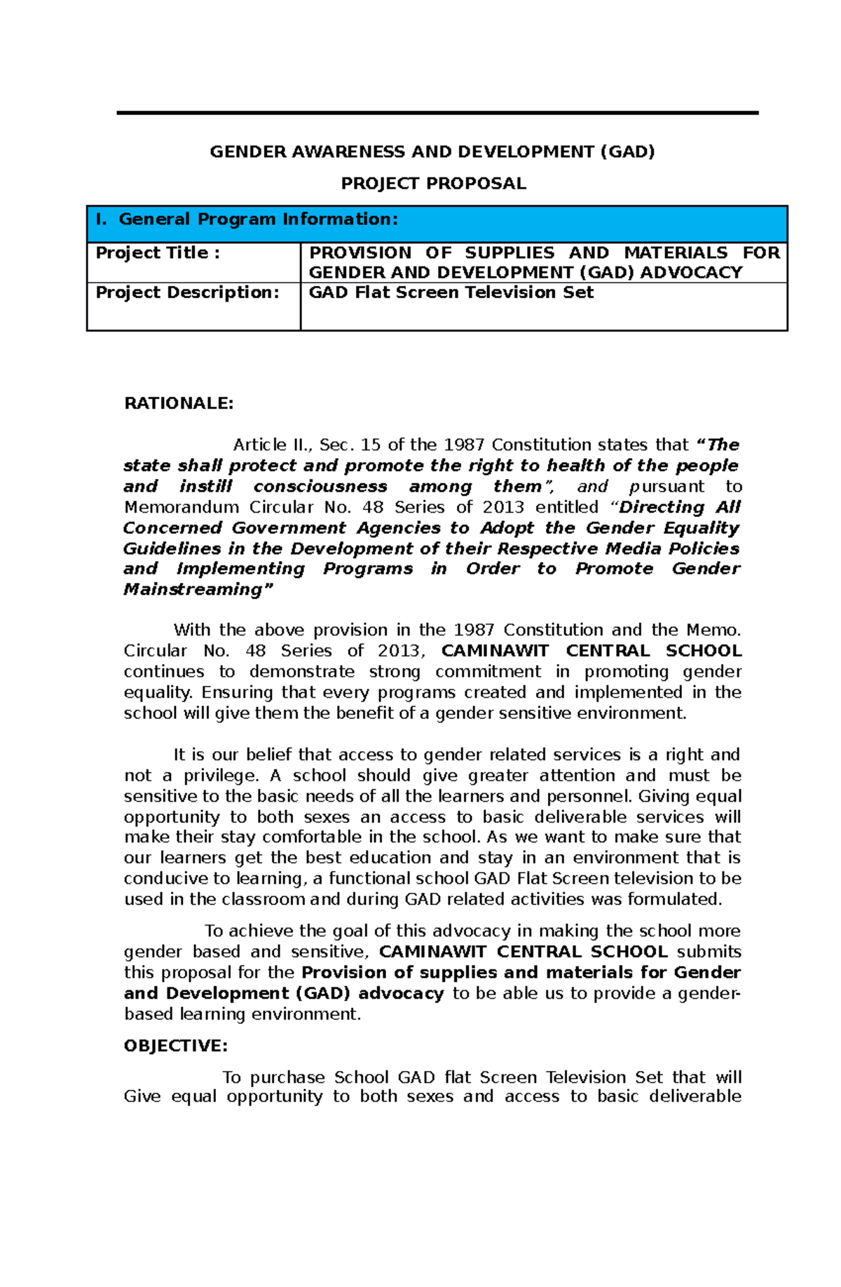 Proposal-GAD - Gad Proposal - GENDER AWARENESS AND DEVELOPMENT (GAD ...