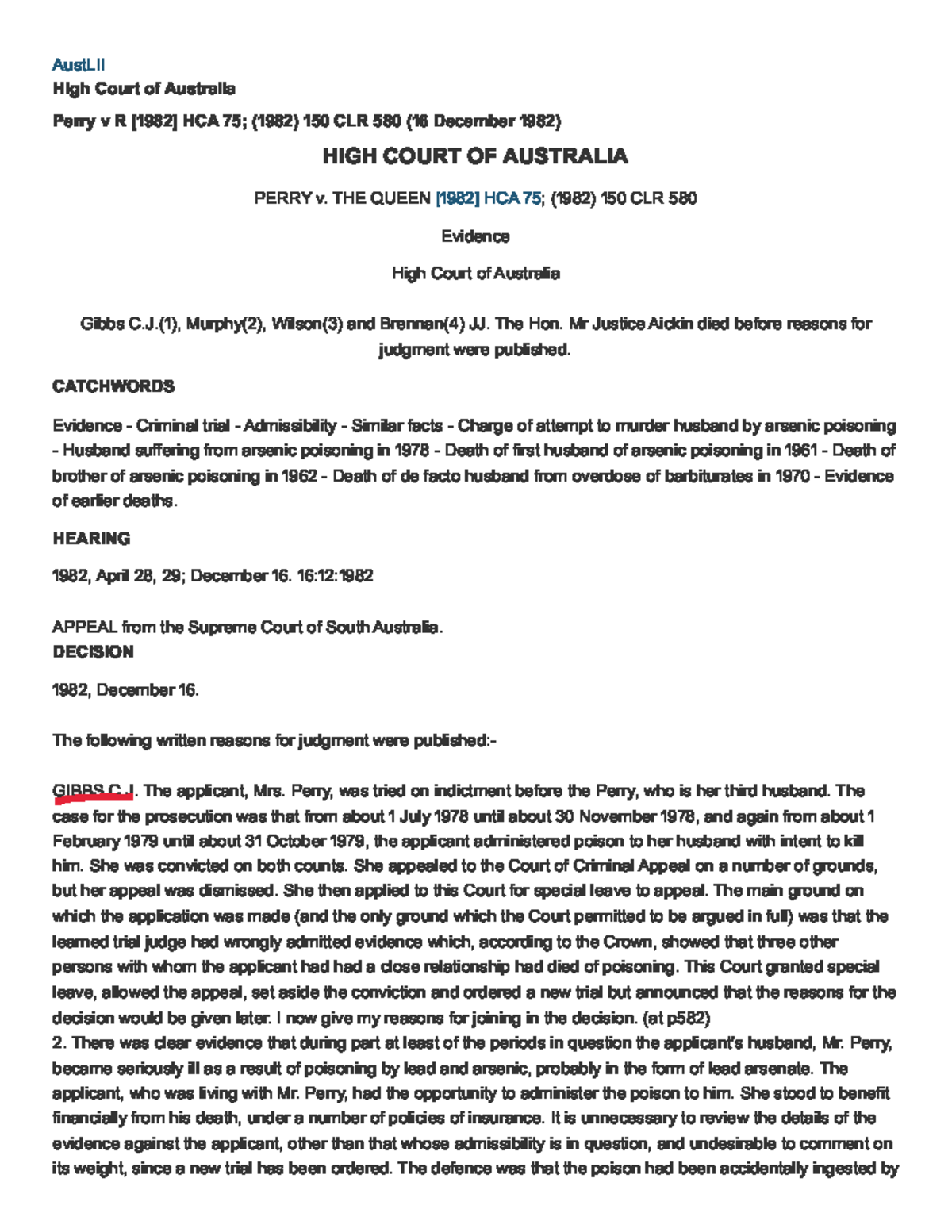 Perry v R [1982] HCA 75; (1982) 150 CLR 580 (16 December 1982) - - Studocu