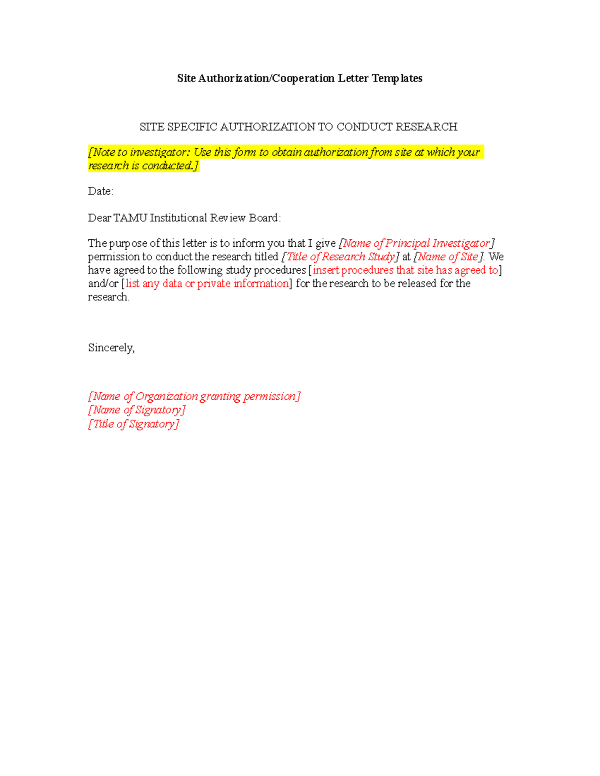 Template General Site Authorization - Site Authorization/Cooperation ...