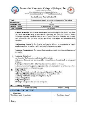 Lesson Plan in English 9 - A 2023- 2024 GRADE LEVEL: Grade 9 SUBJECT ...