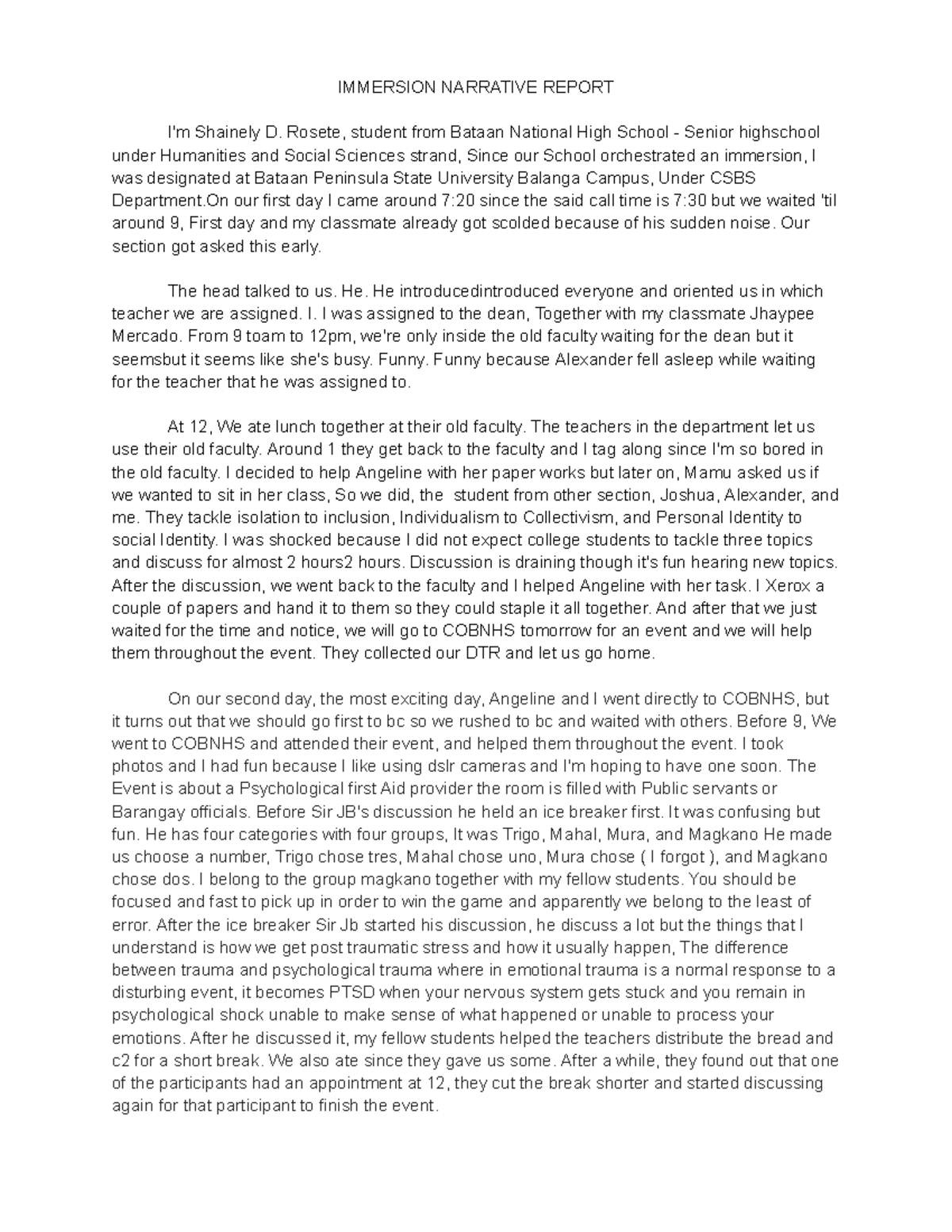 Narrative - IMMERSION NARRATIVE REPORT I'm Shainely D. Rosete, student from Bataan National High ...