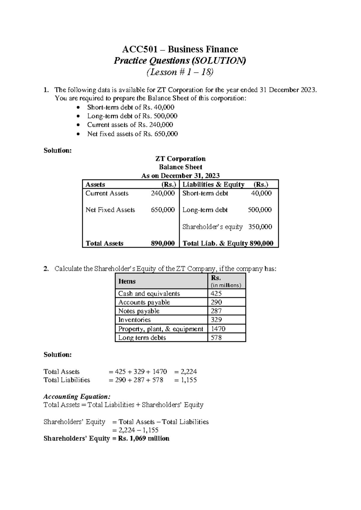 Practice Questions Solution File - ACC501 – Business Finance Practice Questions (SOLUTION ...