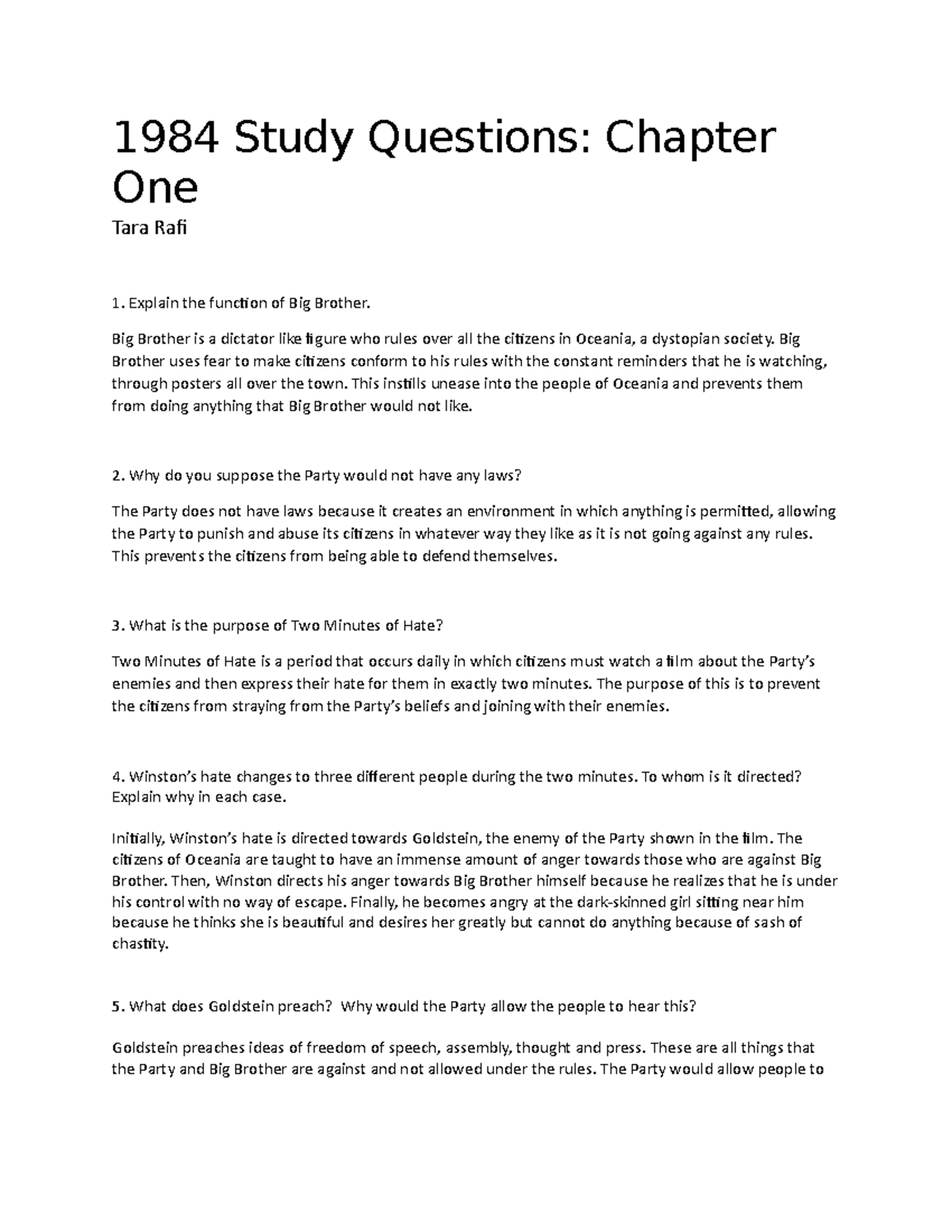 1984 Study Questions Chapter One - 1984 Study Questions: Chapter One ...