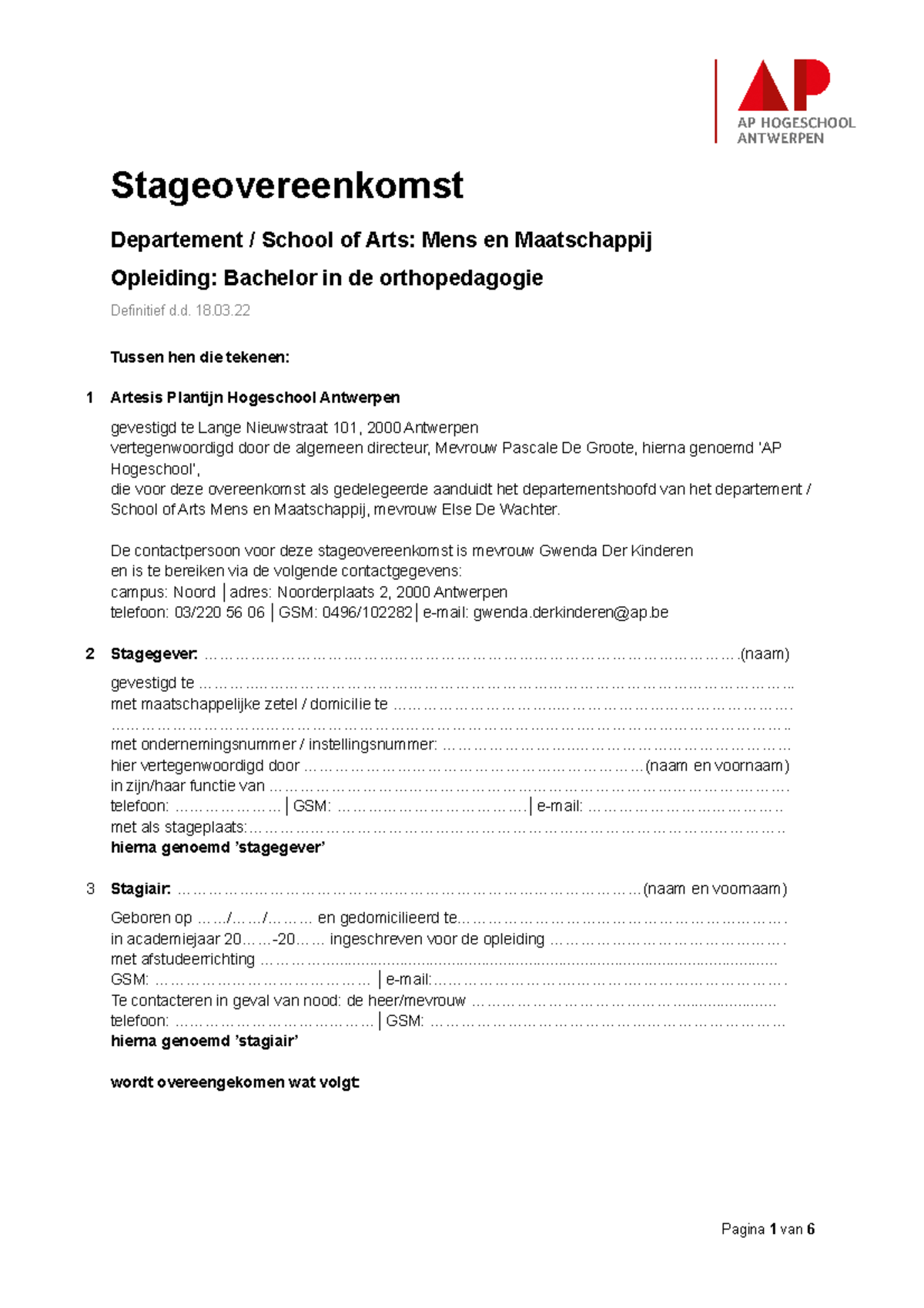 Stageovereenkomst 22-23 onbezoldigd (1)[71] - Stageovereenkomst Departement / School of Arts ...