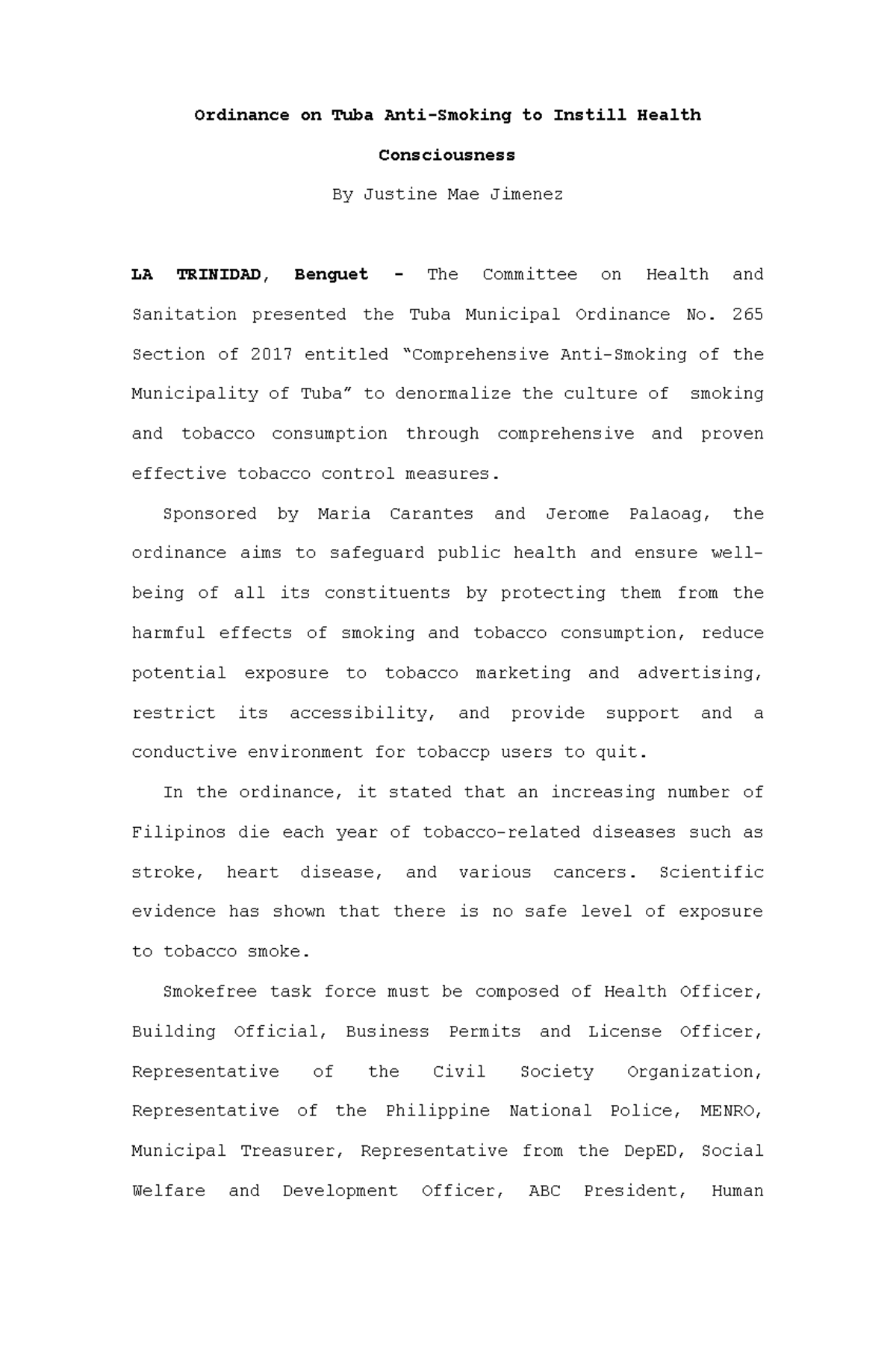 Ordinance on Tuba Anti-Smoking to Instill Health Consciousness(Justine ...