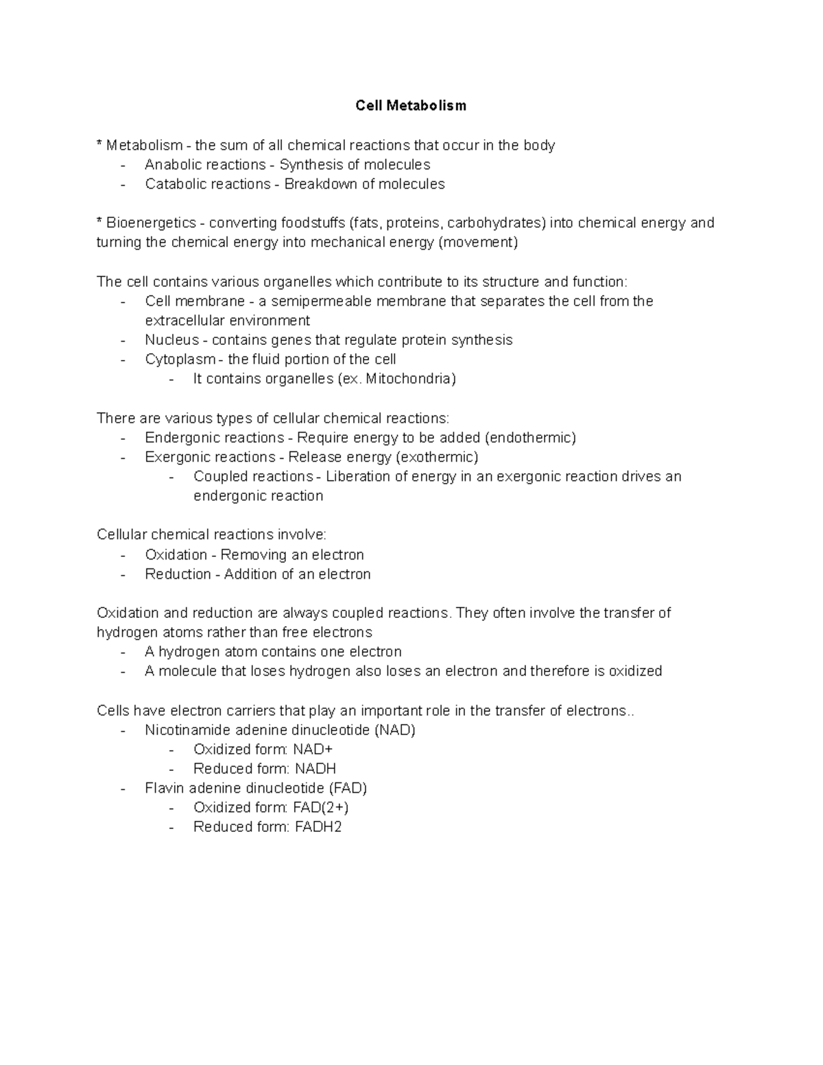Exercise Physiology (HS342) Chapter 3 - Cell Metabolism Metabolism ...