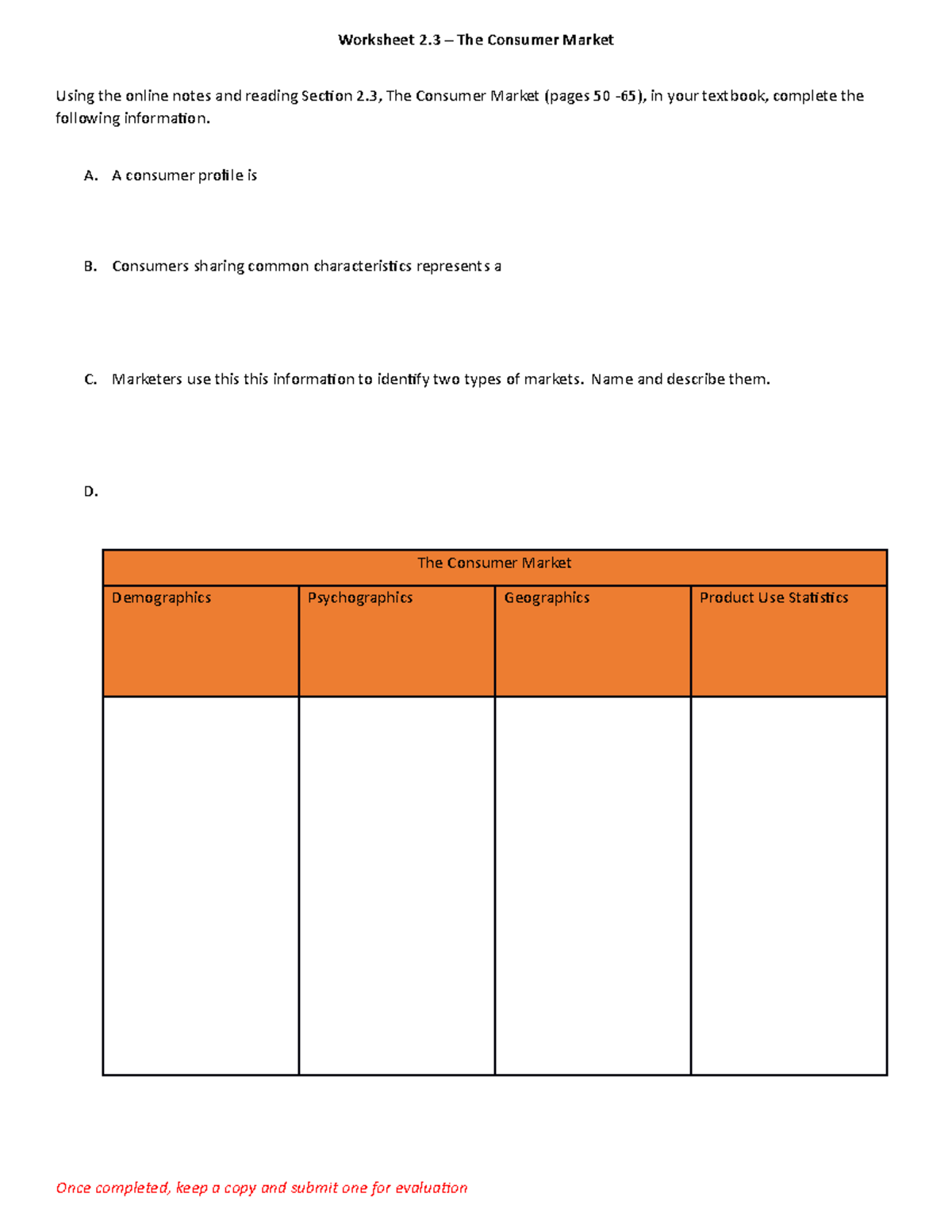 4 Worksheet 2 - Comprehensive notes - Worksheet 2 – The Consumer Market ...