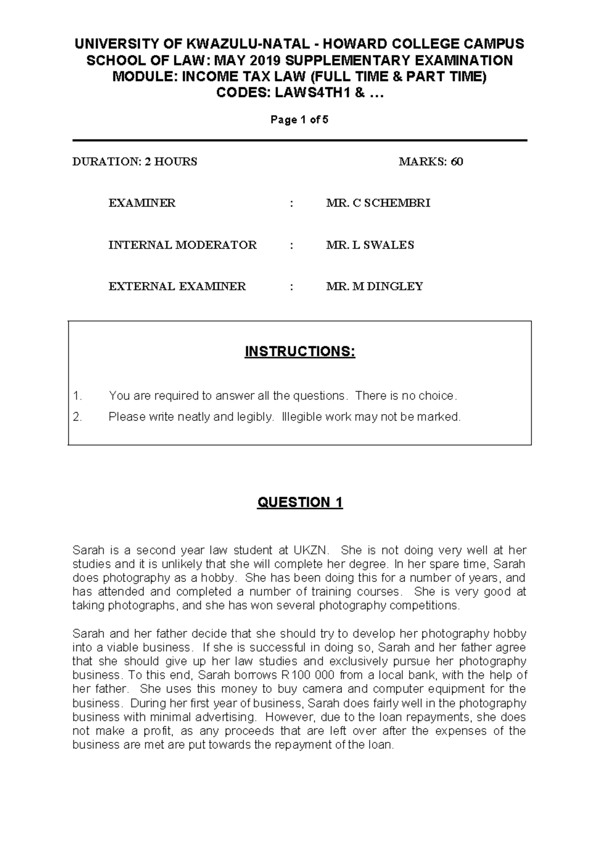Sample Questions 3-2023 - SCHOOL OF LAW: MAY 2019 SUPPLEMENTARY ...