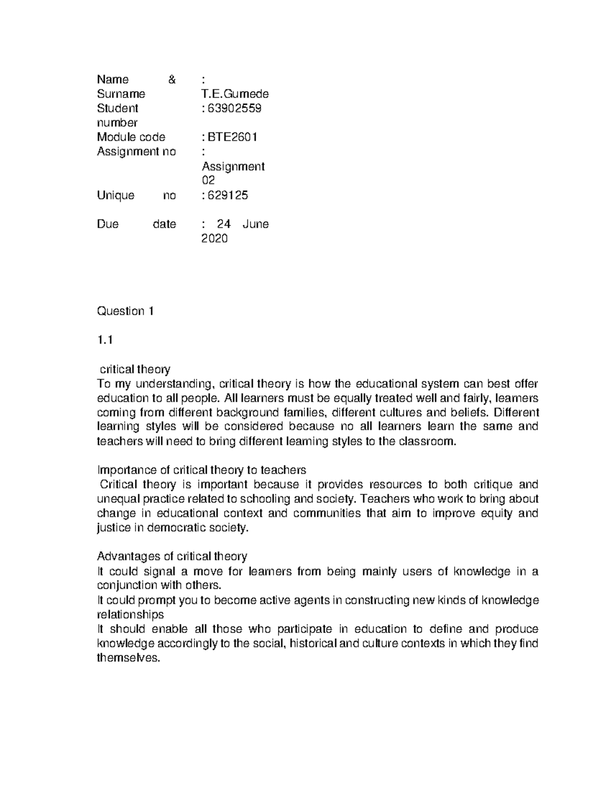 4 5893438374202574484 - Name & Surname : T.E Student number : 6 3902559 ...