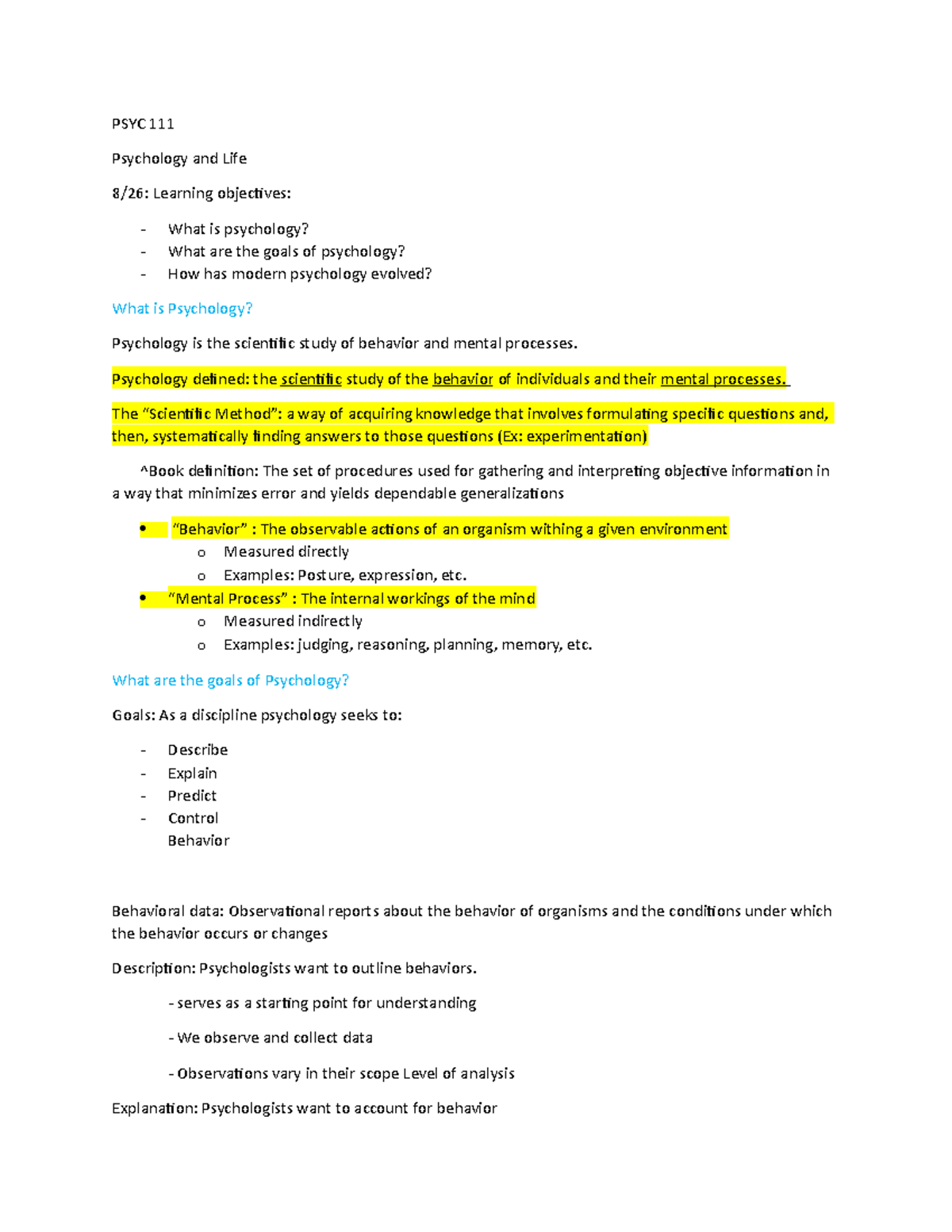 PSYC 111 Coleman Test 1 - Notes for Test 1! - PSYC 111 Psychology and ...